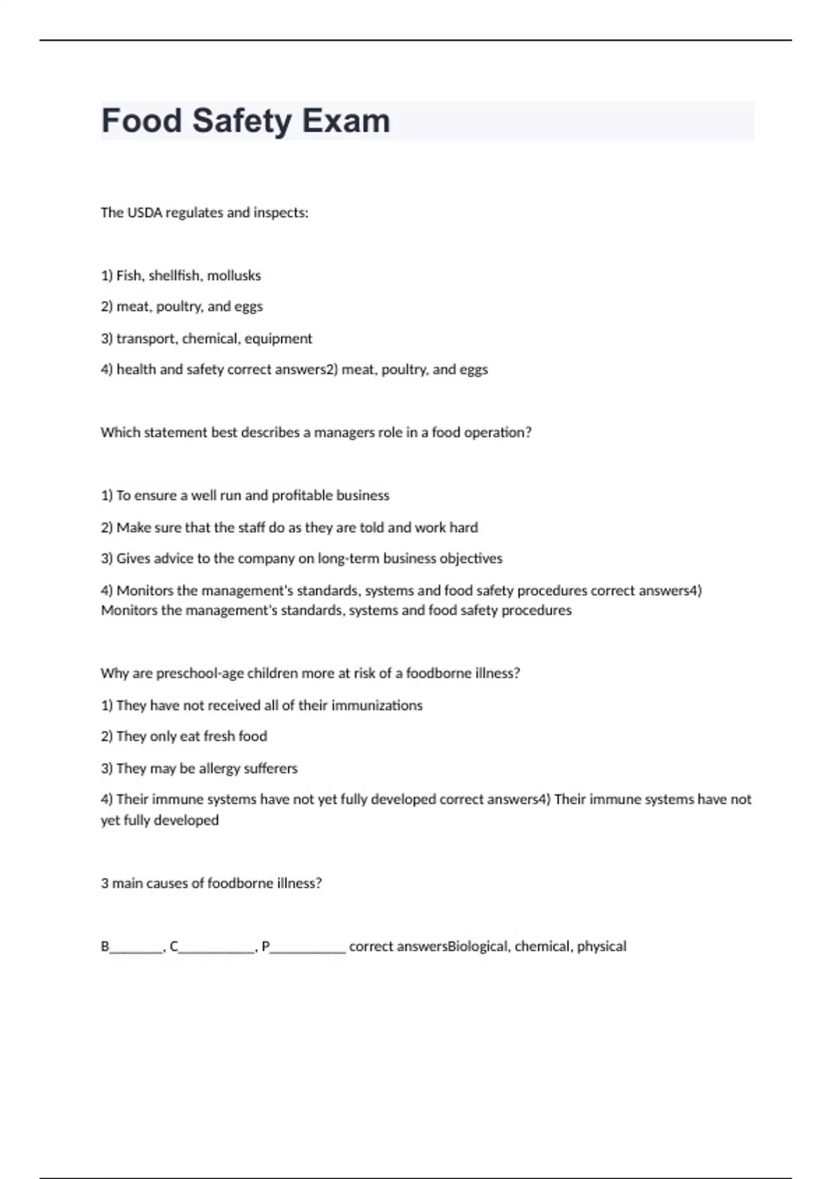 Food Safety Exam 2024 with correct answers - Food Safety E - Stuvia US