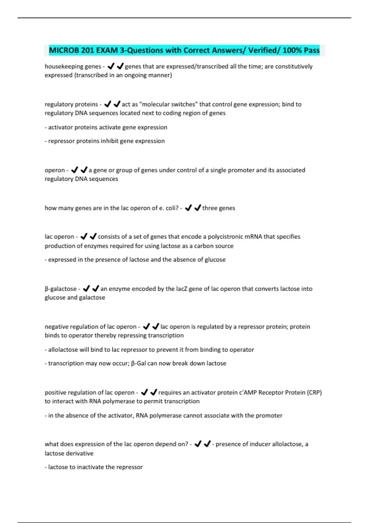 MICROB 201 EXAM 3-Questions with Correct Answers/ Verified/ 100% Pass ...