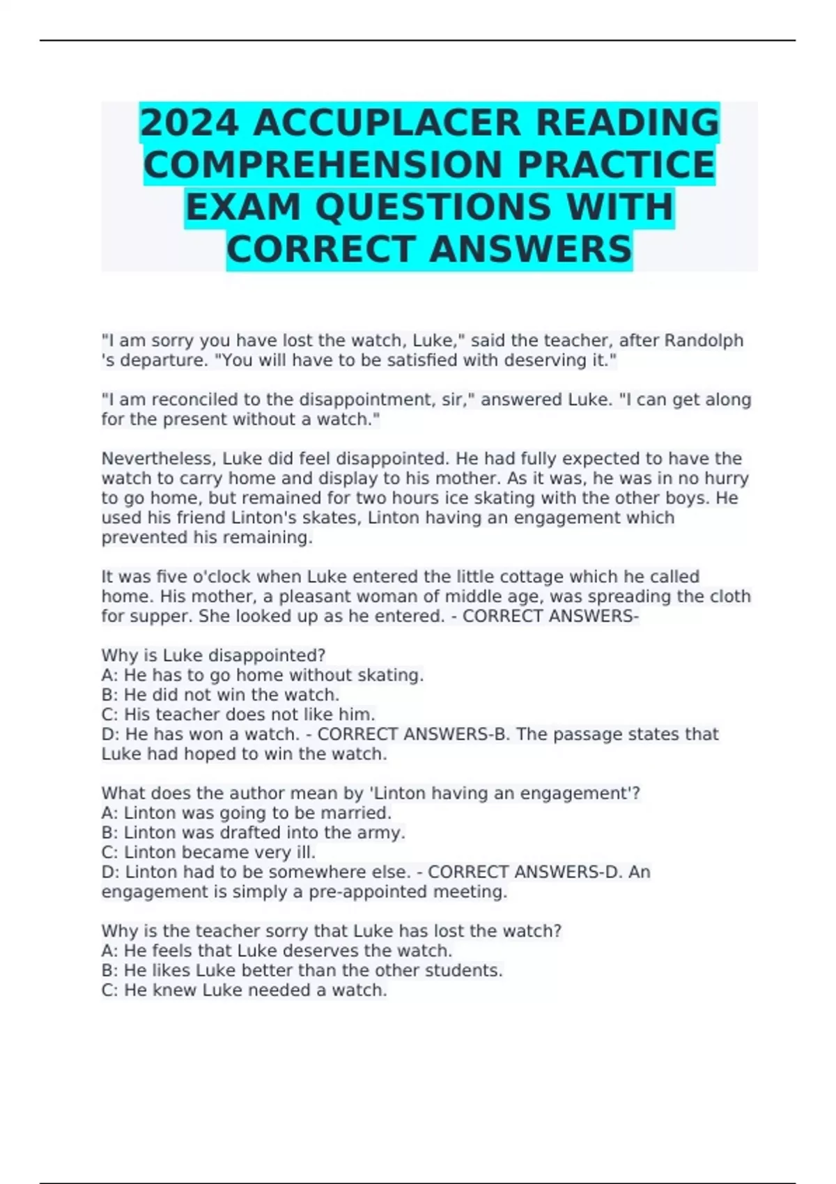 2024 Accuplacer Reading Comprehension Practice Exam Questions With Correct Answers Accuplacer