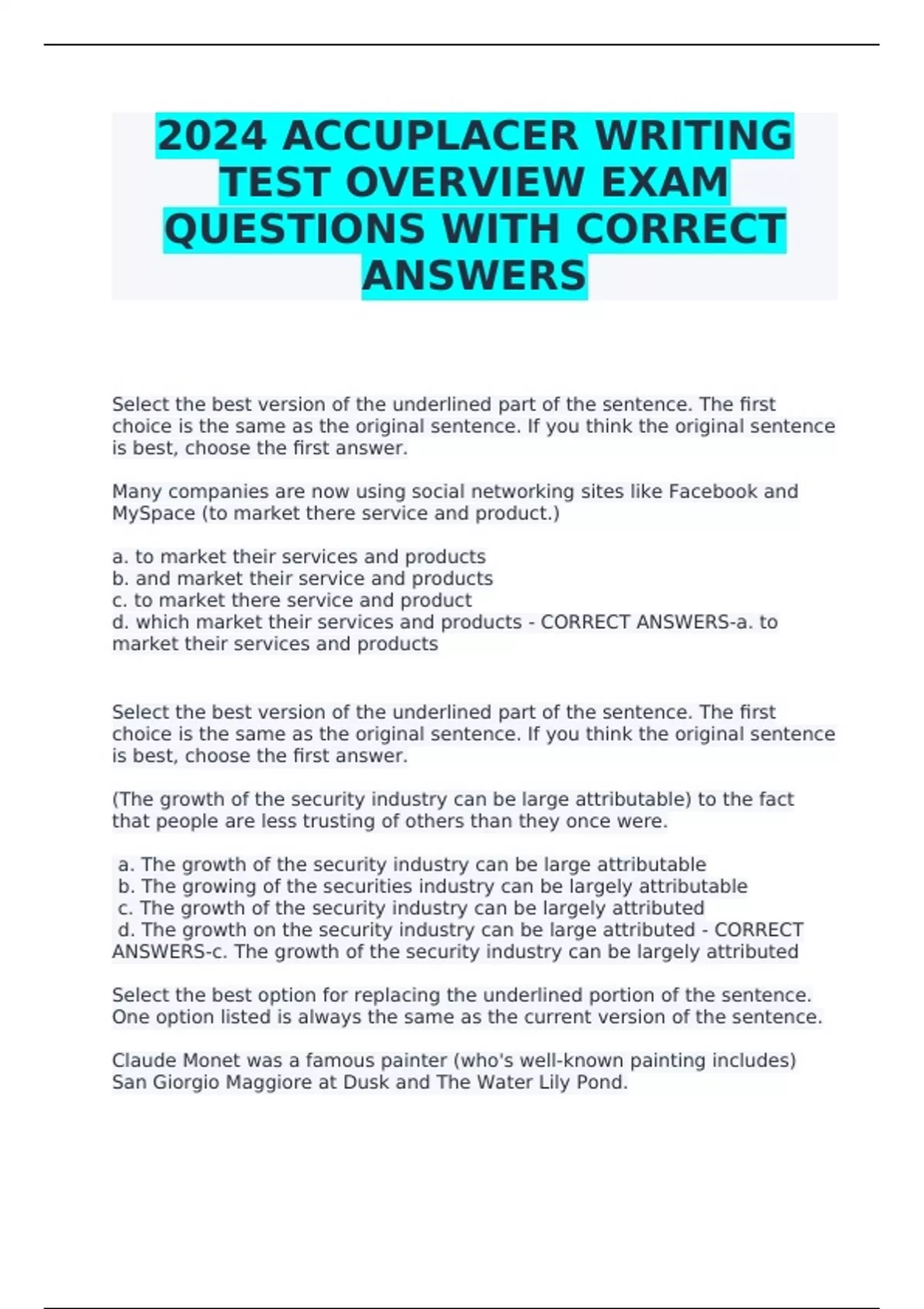 2024 Accuplacer Writing Test Overview Exam Questions With Correct Answers Accuplacer Stuvia Us