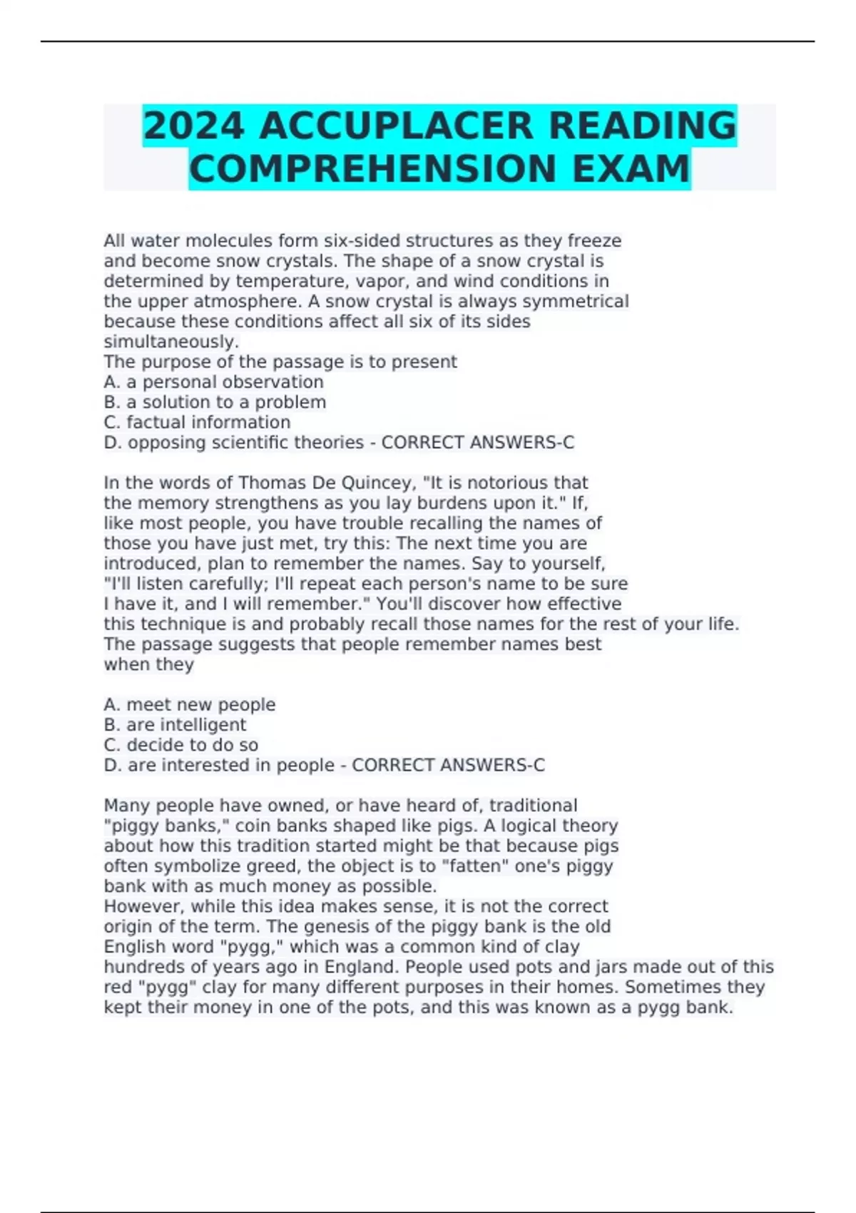 2024 ACCUPLACER READING COMPREHENSION EXAM - ACCUPLACER READING ...