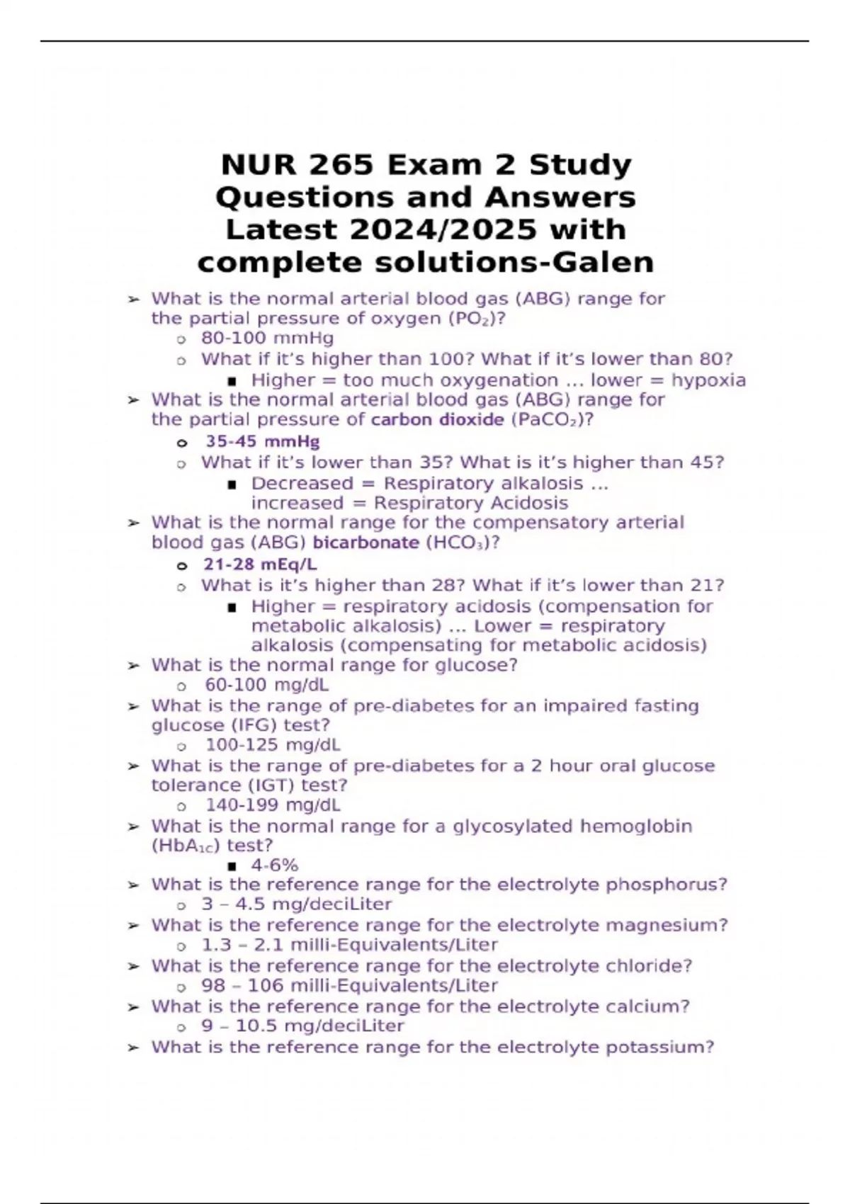 NUR 265 Exam 2 Study Questions and Answers Latest 2024/2025 with ...