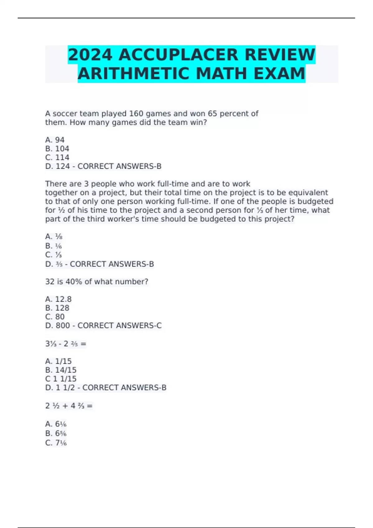 2024 ACCUPLACER REVIEW ARITHMETIC MATH EXAM - ACCUPLACER ARITHMETIC ...