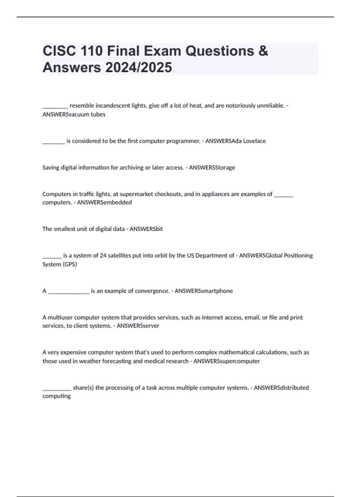 CISC 110 Final Exam Questions & Answers 2024/2025 - CISC 110 - Stuvia US