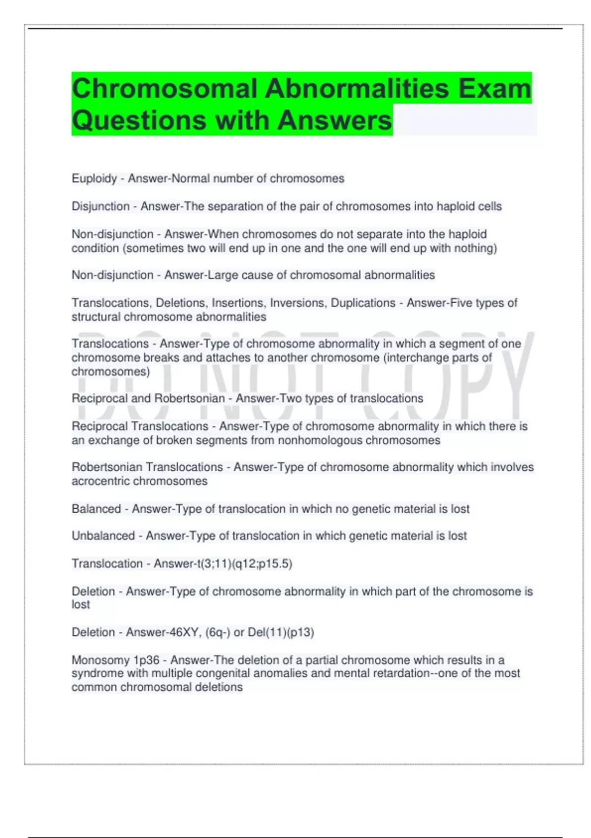 Chromosomal Abnormalities Exam Questions with Answers - Chromosomal ...