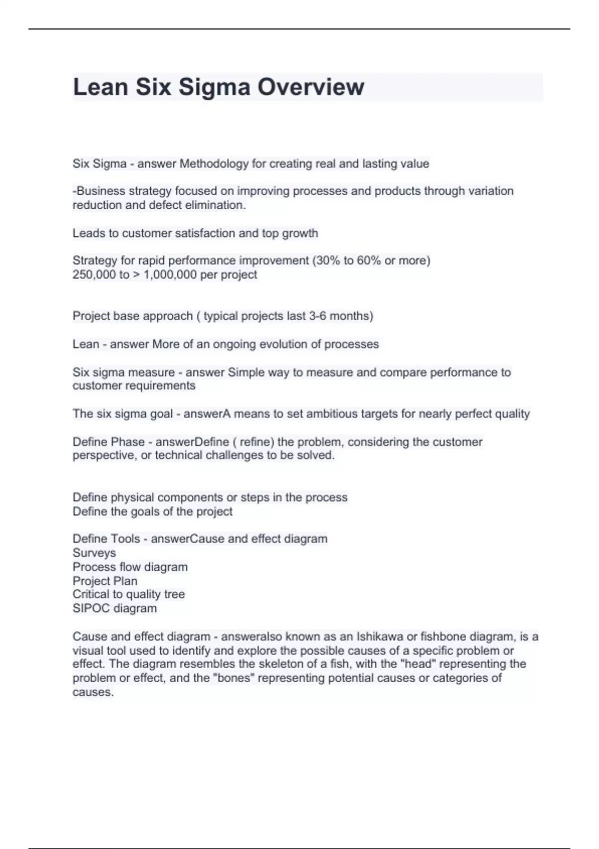 Lean Six Sigma Overview Questions with correct Answers - Lean Six Sigma - Stuvia US