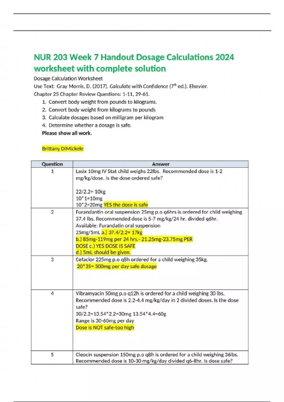 NUR 203 Week 7 Handout Dosage Calculations 2024 worksheet with complete ...