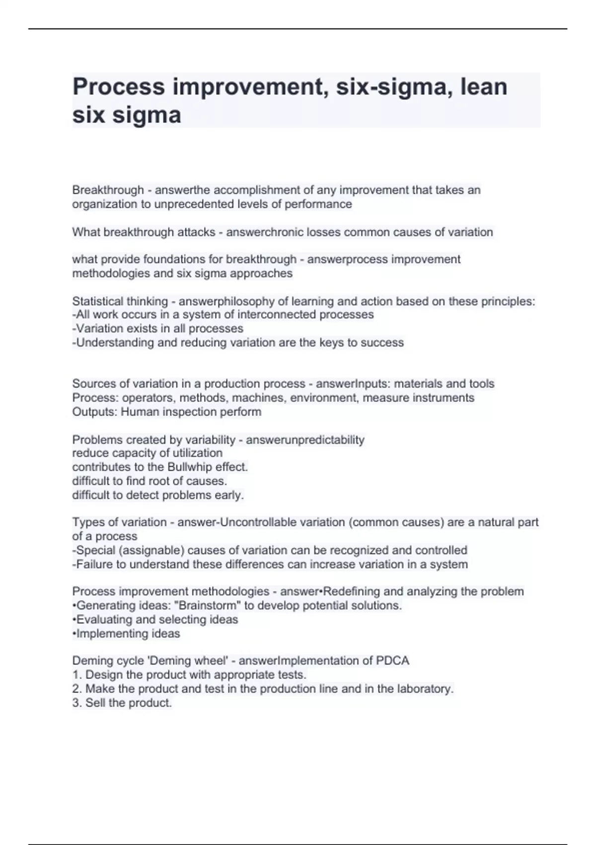 Process improvement, six-sigma, lean six sigma Questions with Solutions ...
