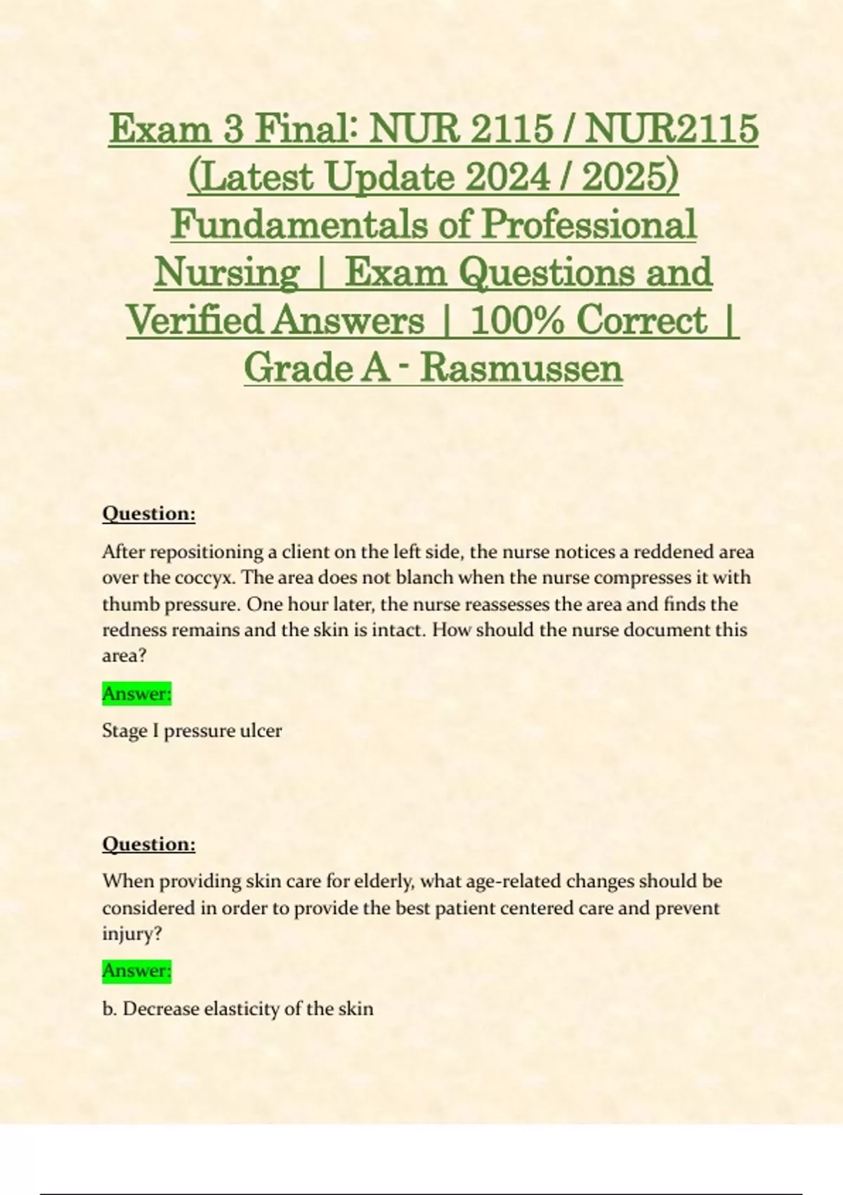 Exam 3 Final: NUR 2115 / NUR2115 (Latest Update 2024 / 2025 ...
