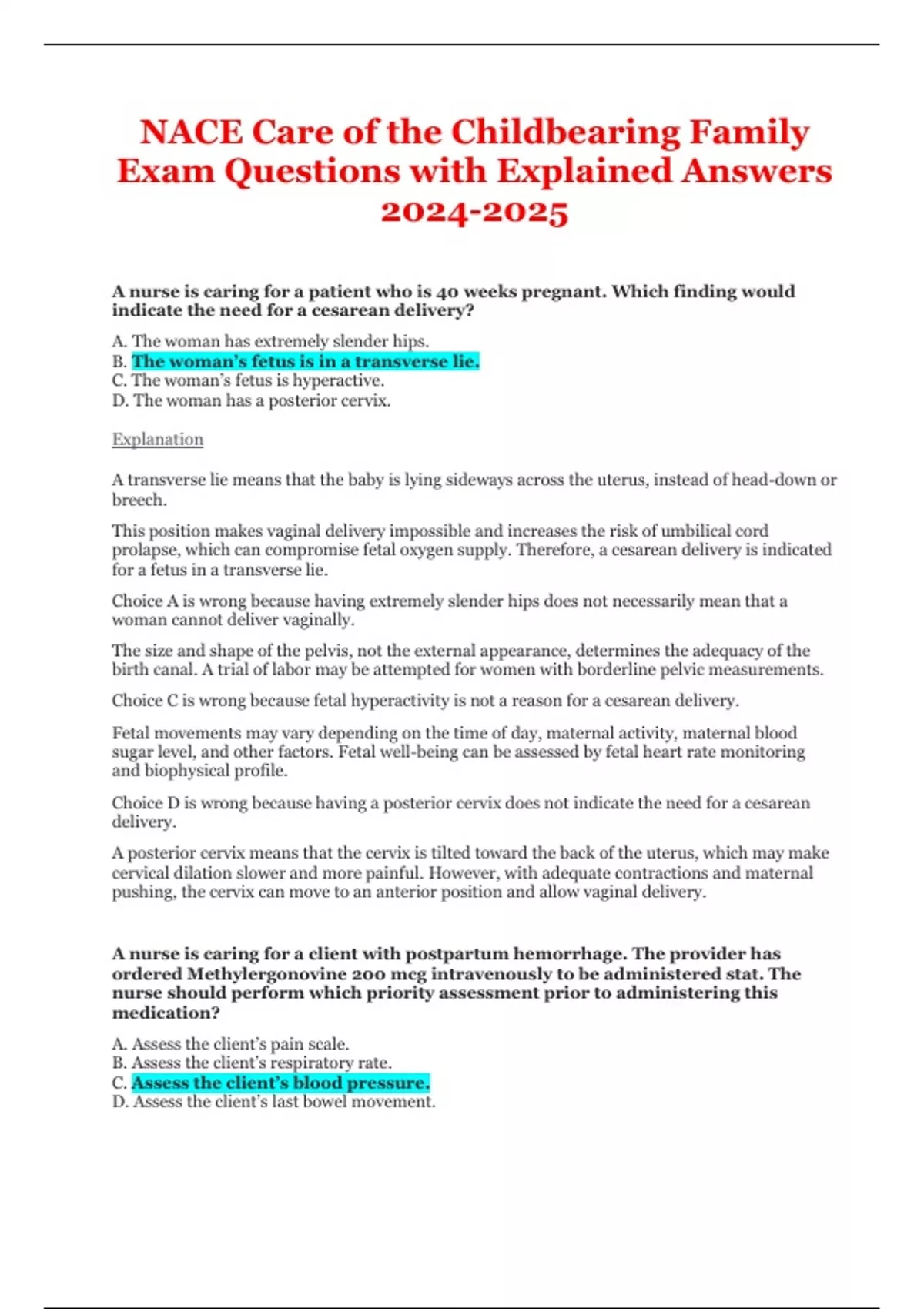 NACE Care of the Childbearing Family Exam Questions with Explained ...