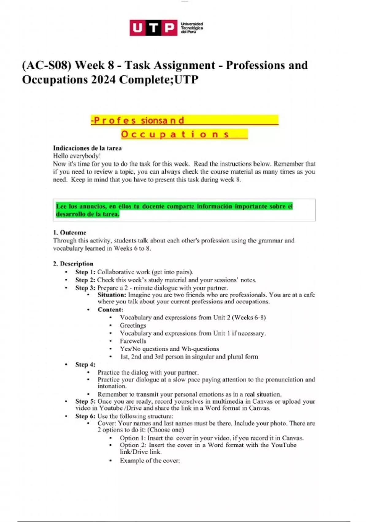 (AC-S08) Week 8 - Task Assignment - Professions and Occupations 2024 Complete;UTP - Ingles I ...