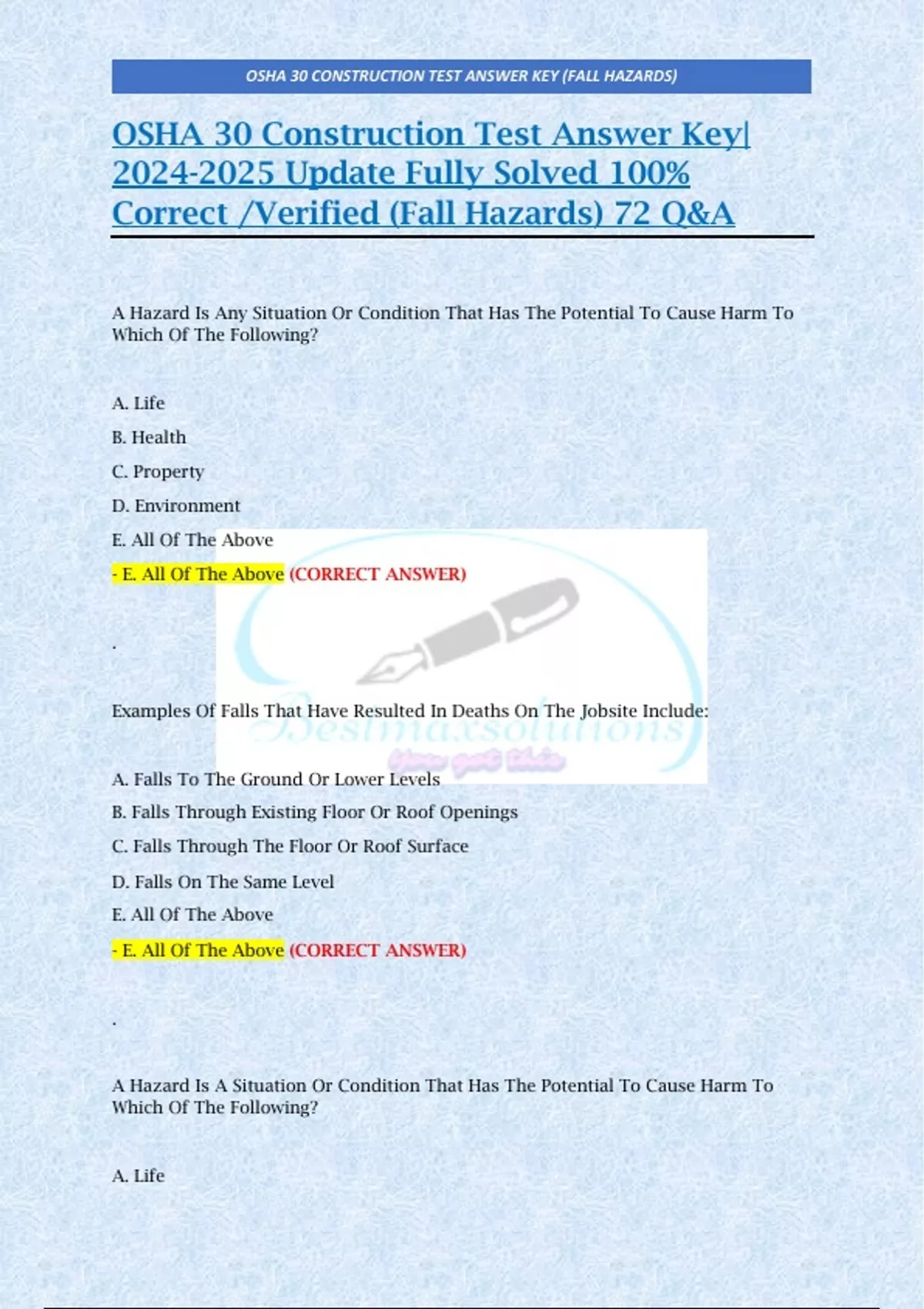 OSHA 30 Construction Test Answer Key| Update Fully Solved 100% Correct ...