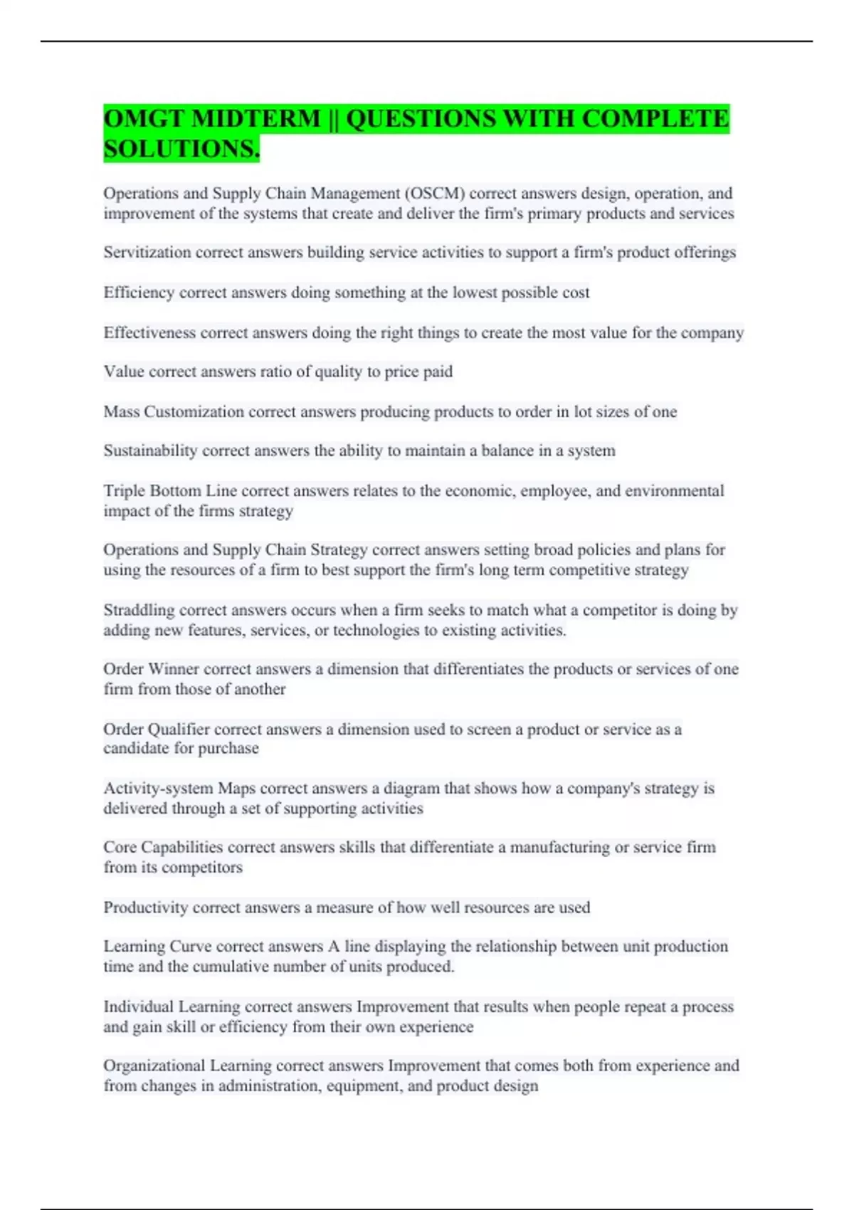OMGT MIDTERM || QUESTIONS WITH COMPLETE SOLUTIONS. - OMGT - Stuvia US