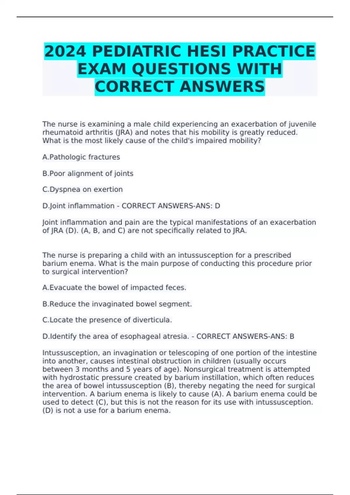 2024 PEDIATRIC HESI PRACTICE EXAM QUESTIONS WITH CORRECT ANSWERS ...