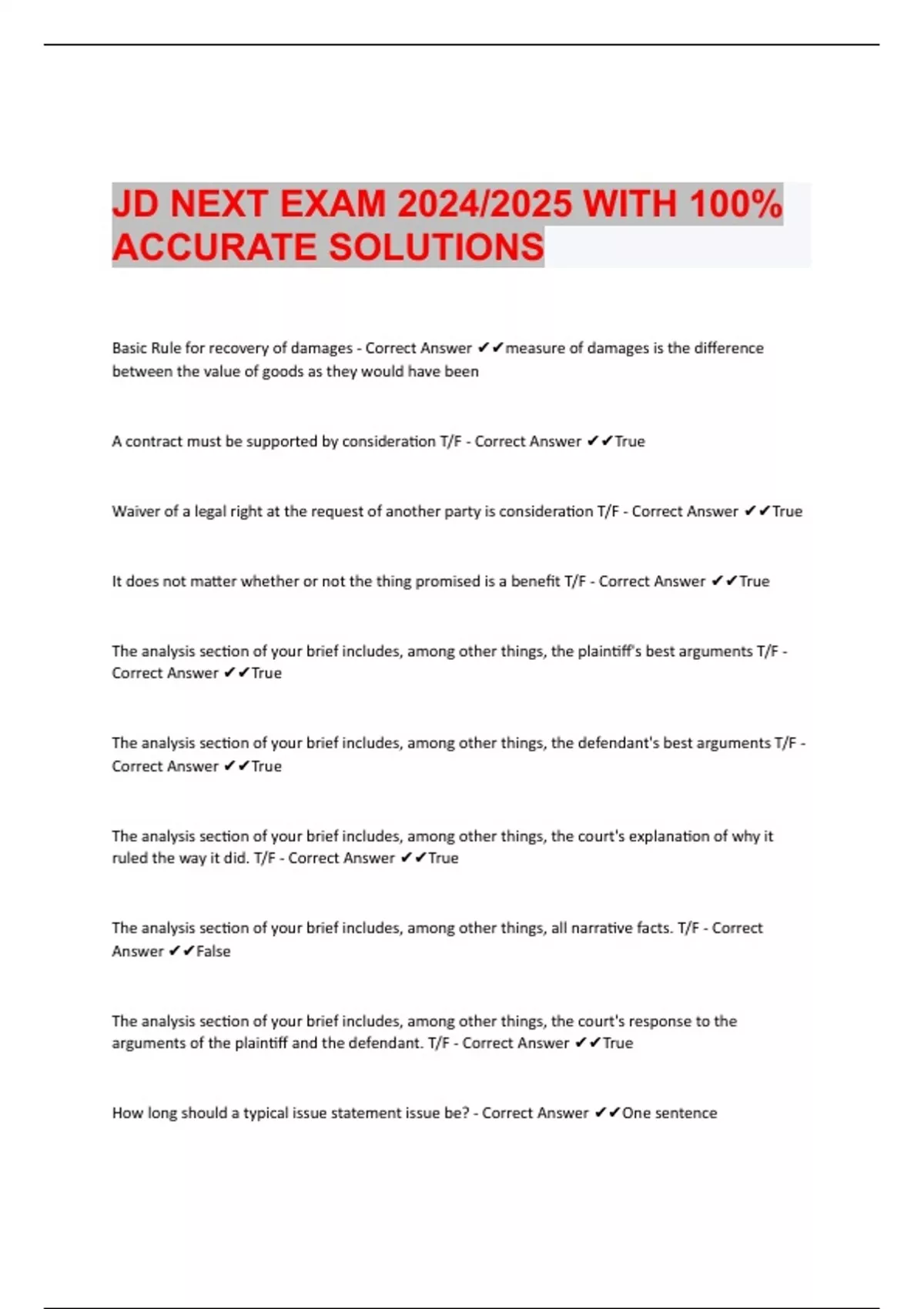JD NEXT EXAM 2024/2025 WITH 100% ACCURATE SOLUTIONS - JD NEXT - Stuvia US