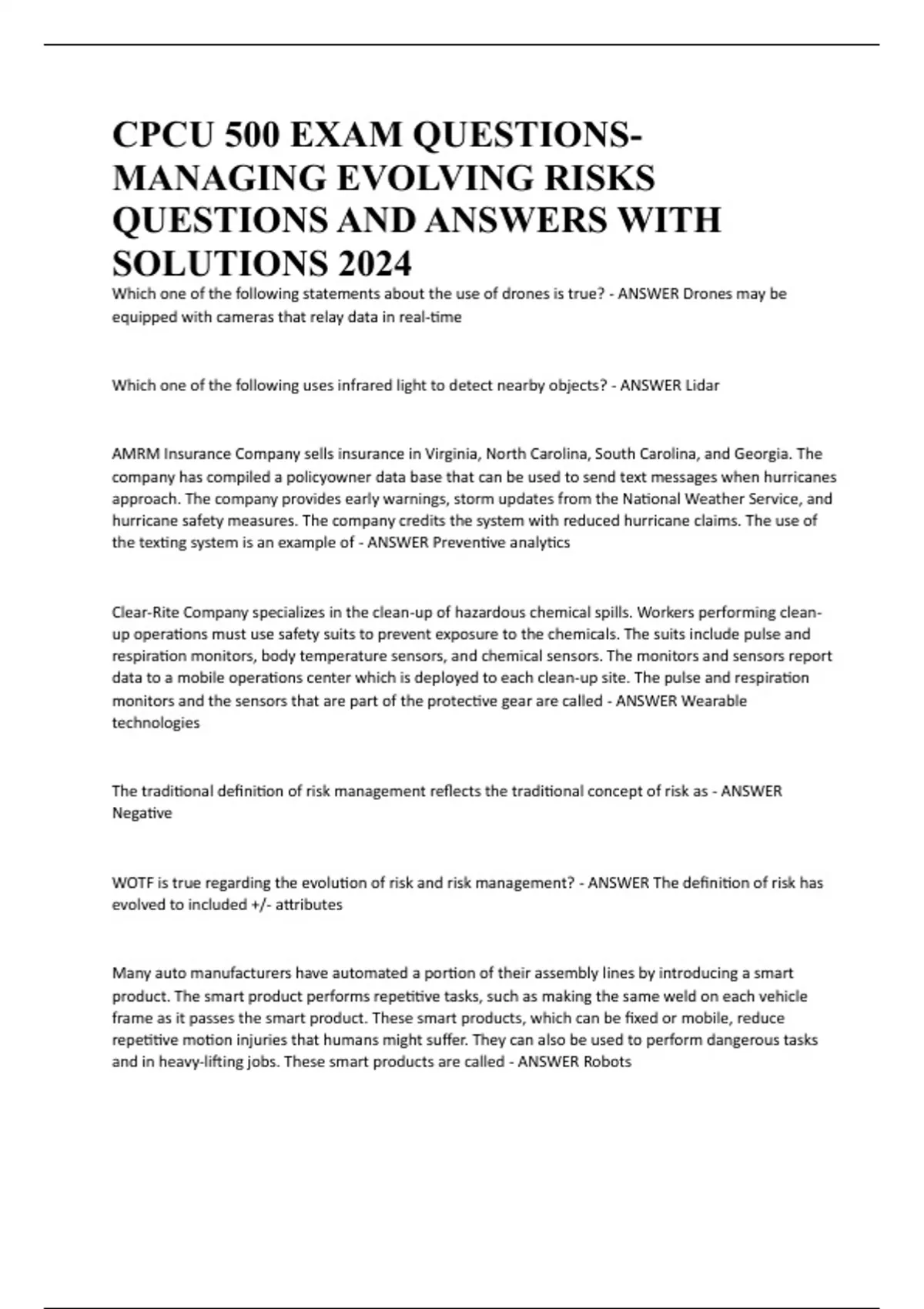 CPCU 500 EXAM QUESTIONS- MANAGING EVOLVING RISKS QUESTIONS AND ANSWERS ...