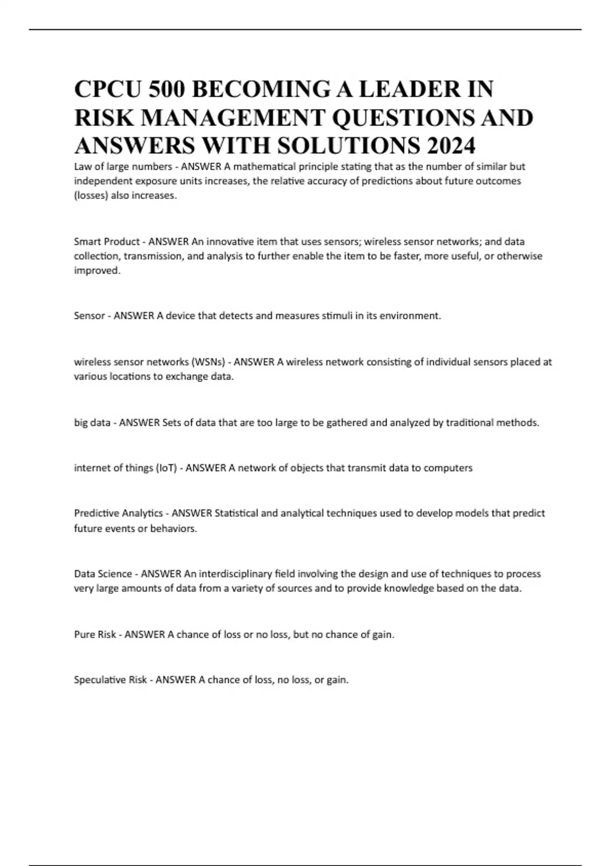 CPCU 500 BECOMING A LEADER IN RISK MANAGEMENT QUESTIONS AND ANSWERS ...
