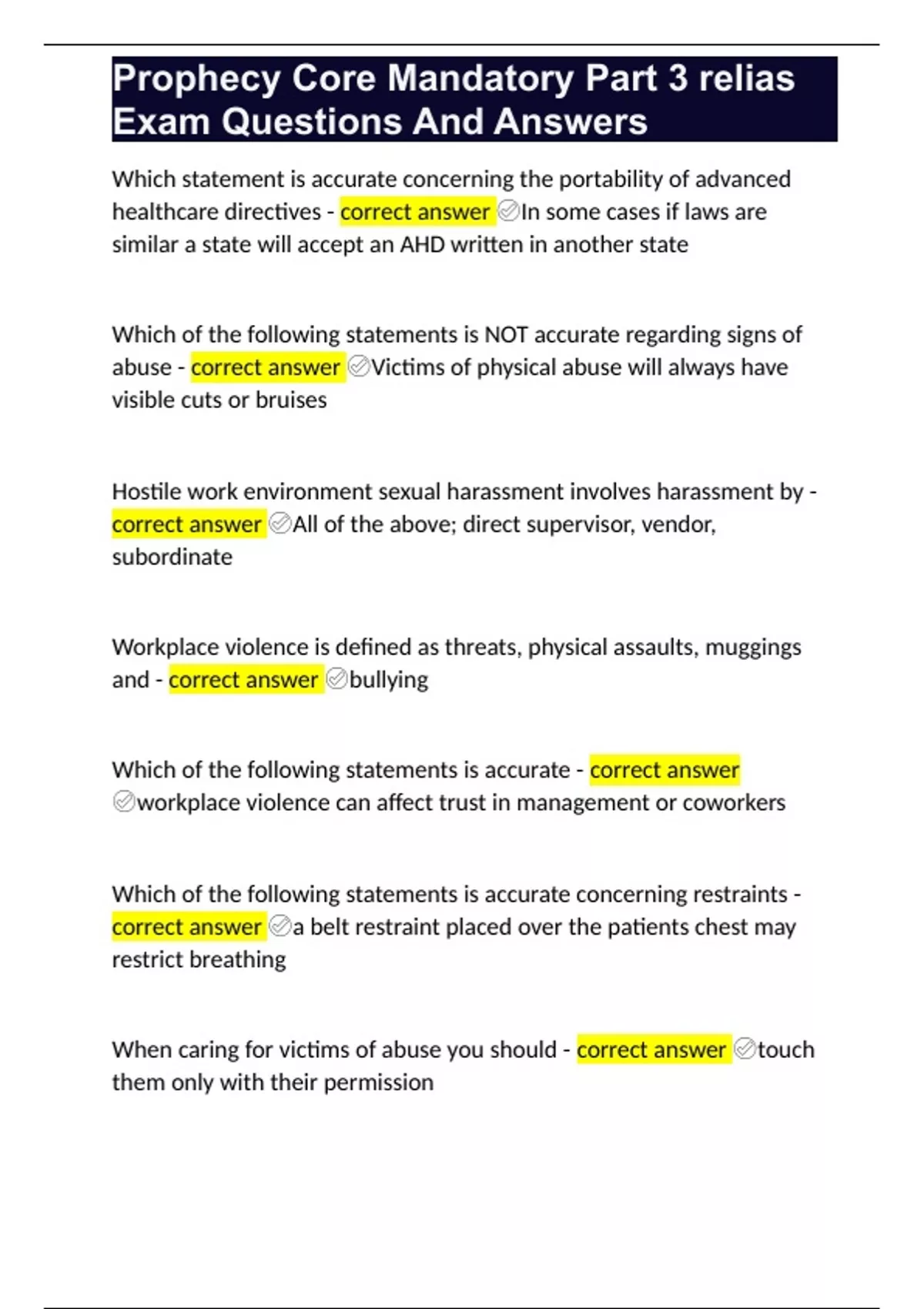 Prophecy Core Mandatory Part 3 relias Exam Questions And Answers ...