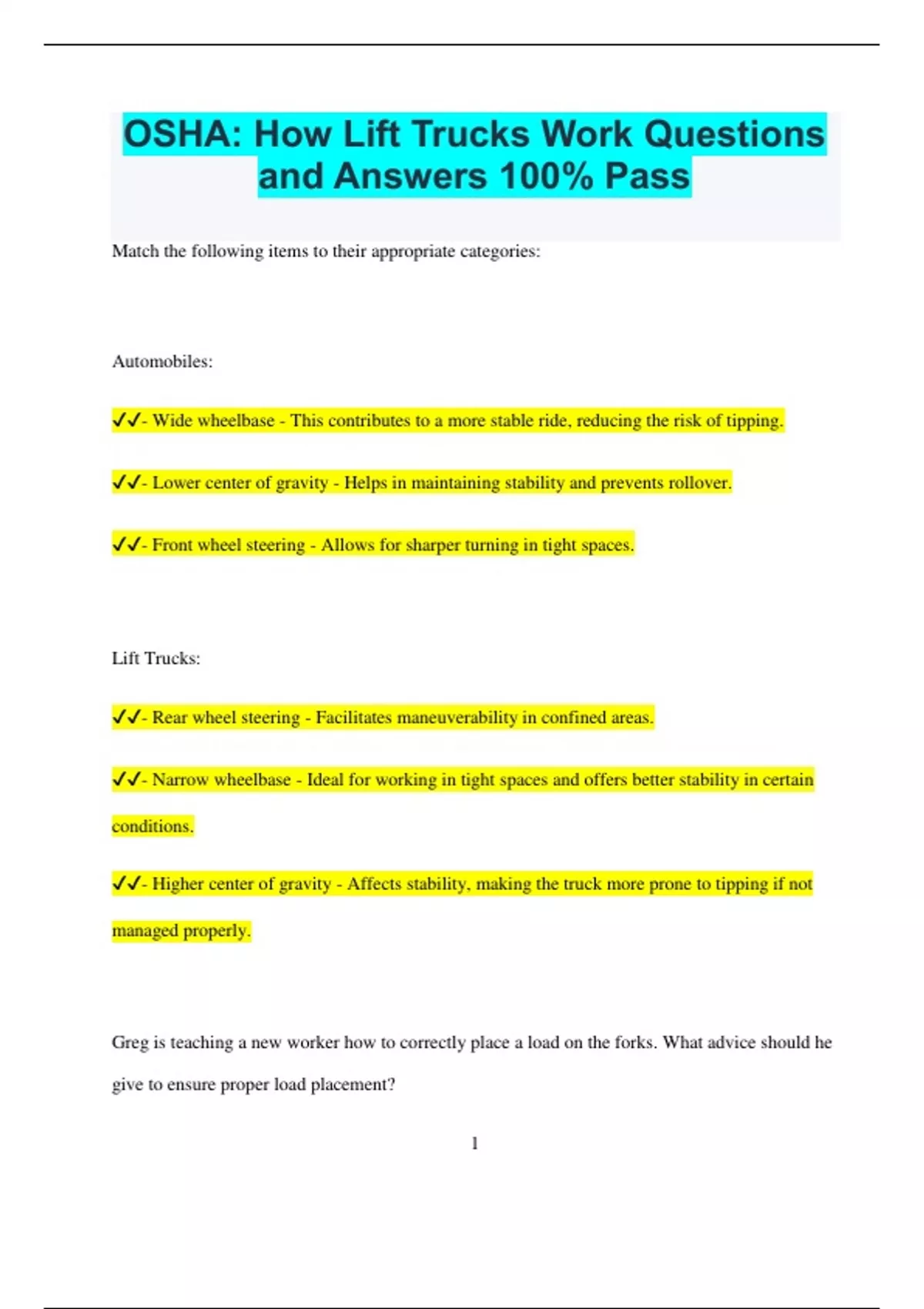 OSHA: How Lift Trucks Work Questions and Answers 100% Pass - OSHA: How ...