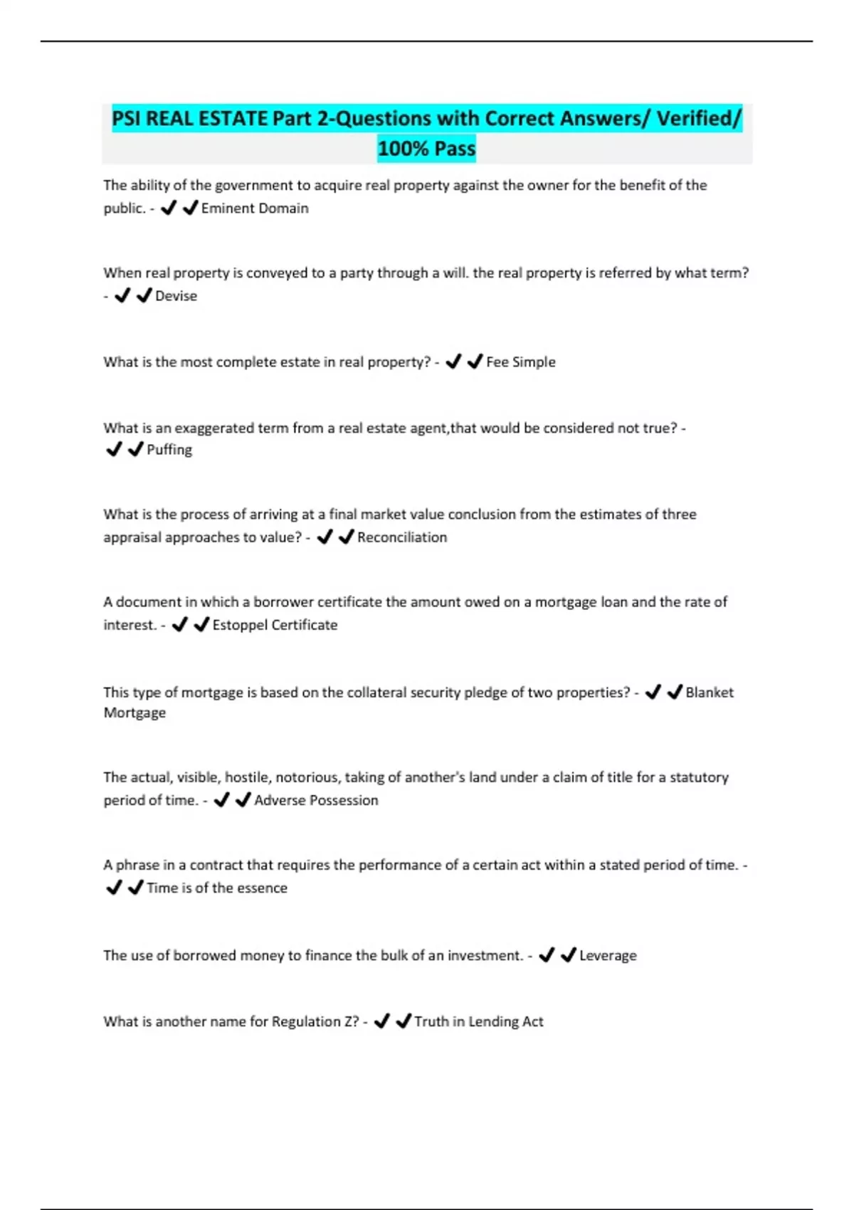 PSI REAL ESTATE Part 2-Questions with Correct Answers/ Verified/ 100% ...