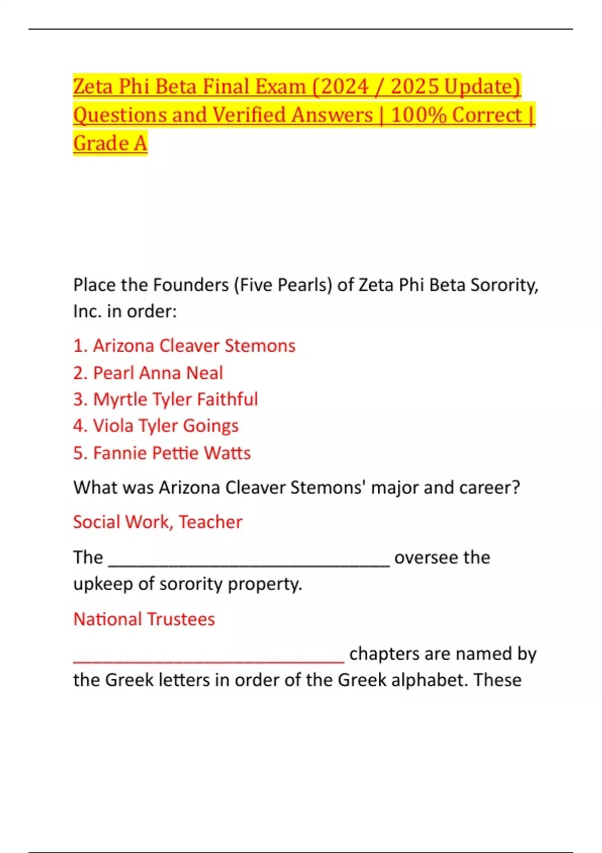 Zeta Phi Beta Final Exam (2024 / 2025 Update) Questions and Verified ...
