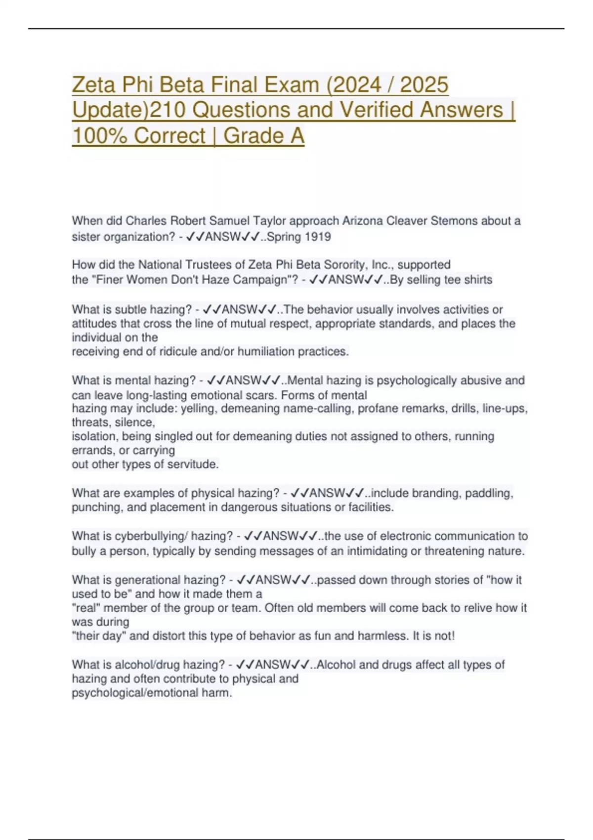 Zeta Phi Beta Final Exam (2024 / 2025 Update)210 Questions and Verified ...