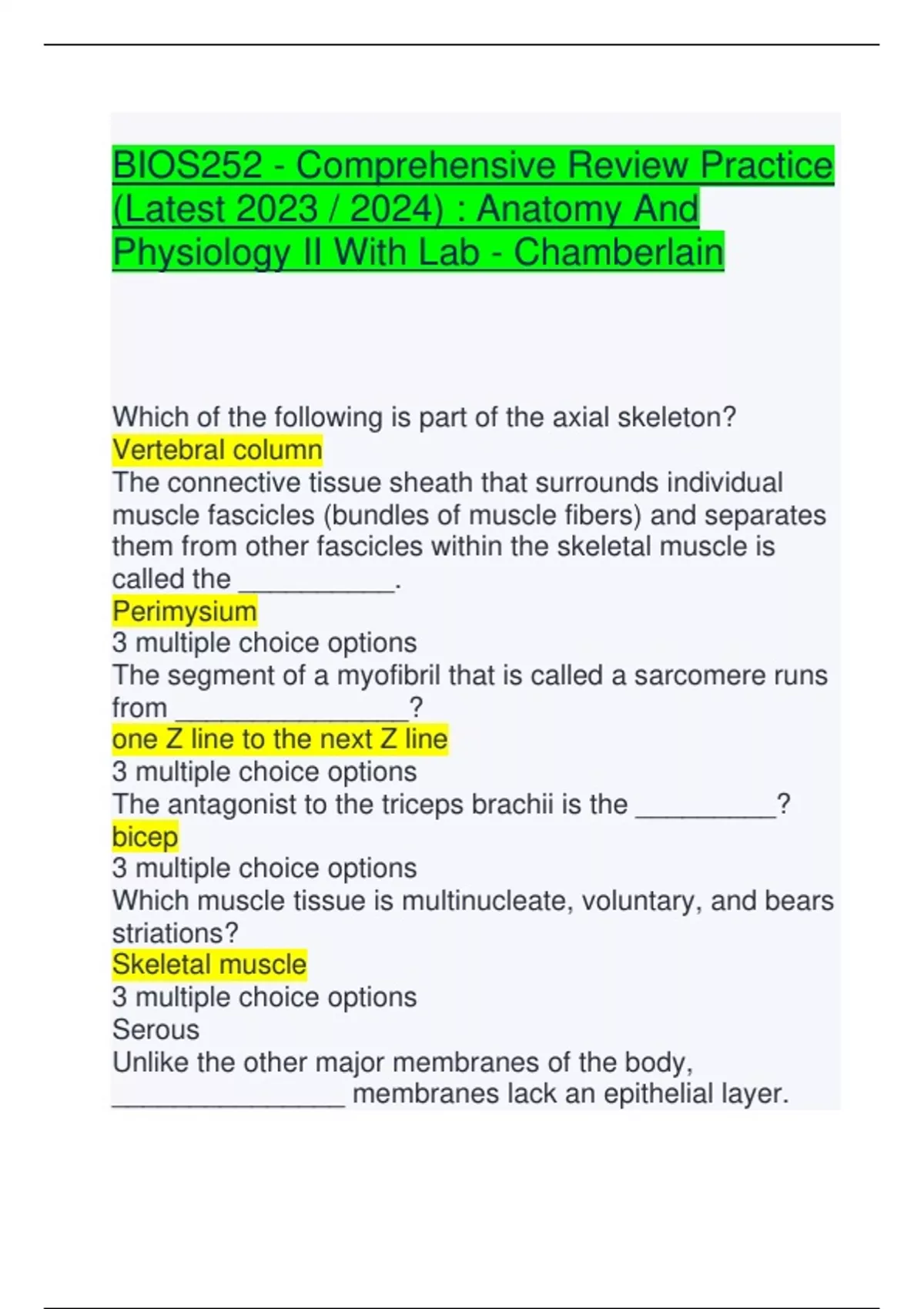 BIOS252 - Comprehensive Review Practice (Latest 2023 / 2024) : Anatomy ...