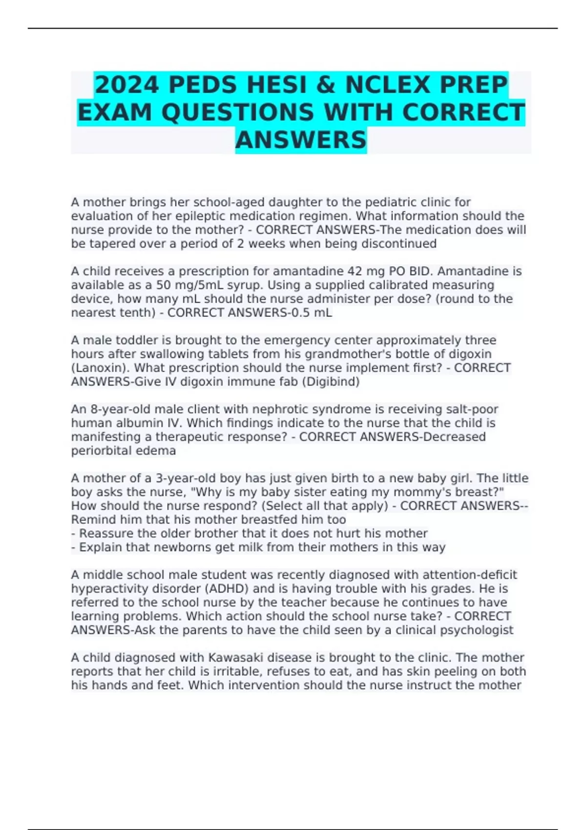 2024 PEDS HESI & NCLEX PREP EXAM QUESTIONS WITH CORRECT ANSWERS - PEDS ...