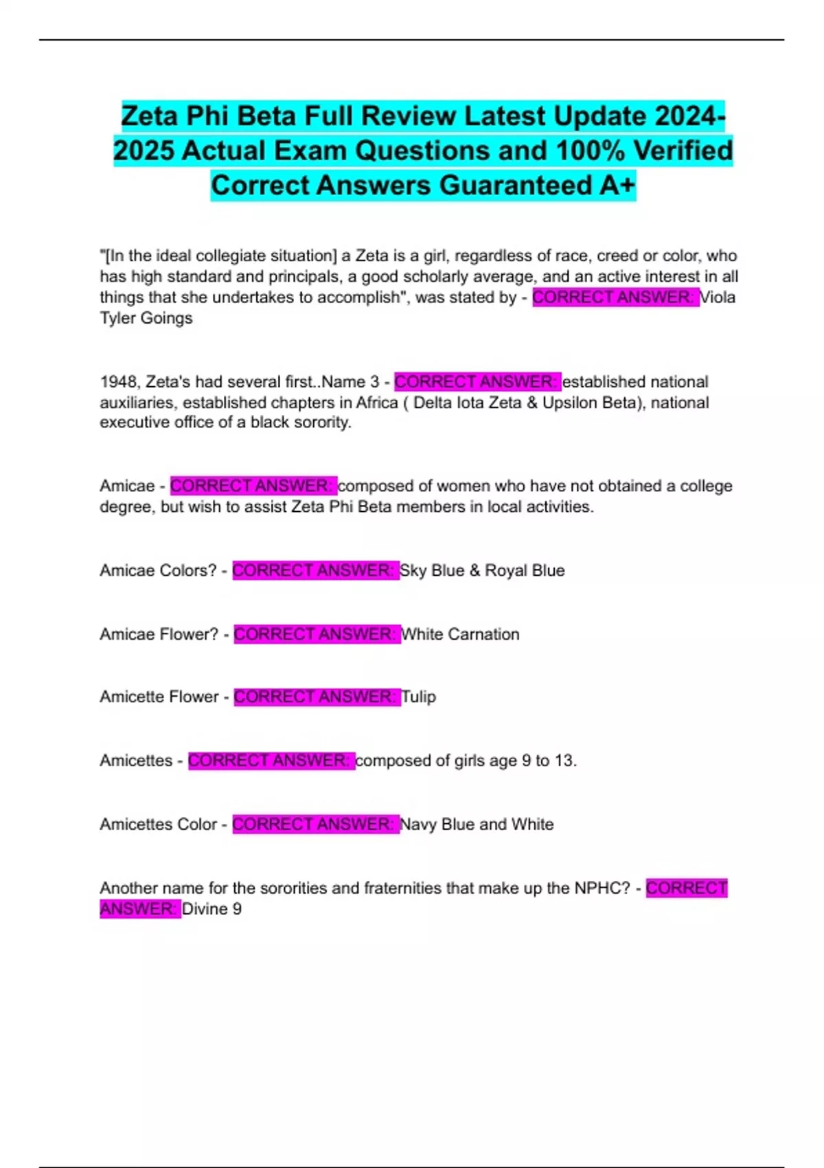 Zeta Phi Beta Full Review Latest Update Actual Exam Questions and 100% ...