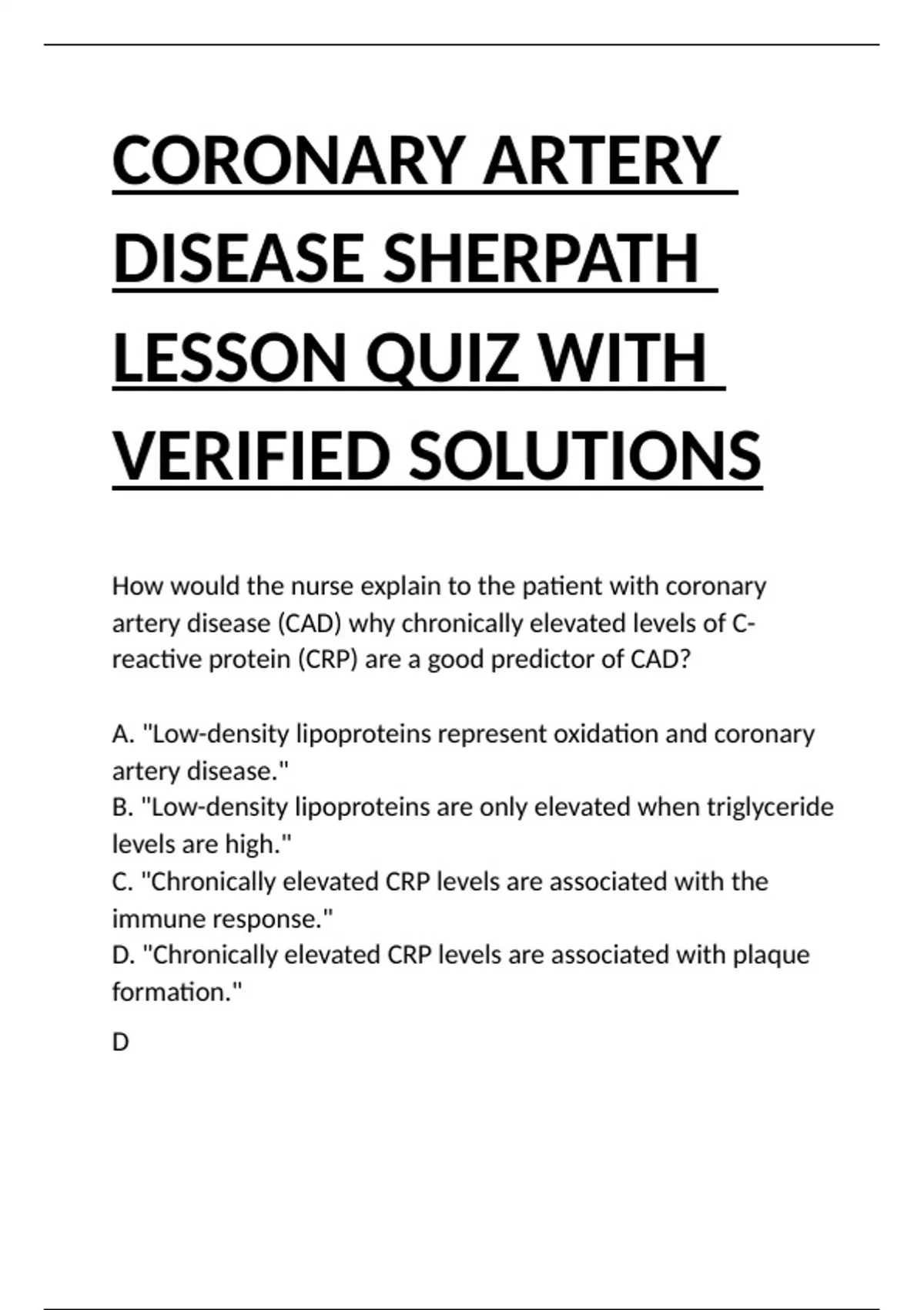 CORONARY ARTERY DISEASE SHERPATH LESSON QUIZ WITH VERIFIED SOLUTIONS ...