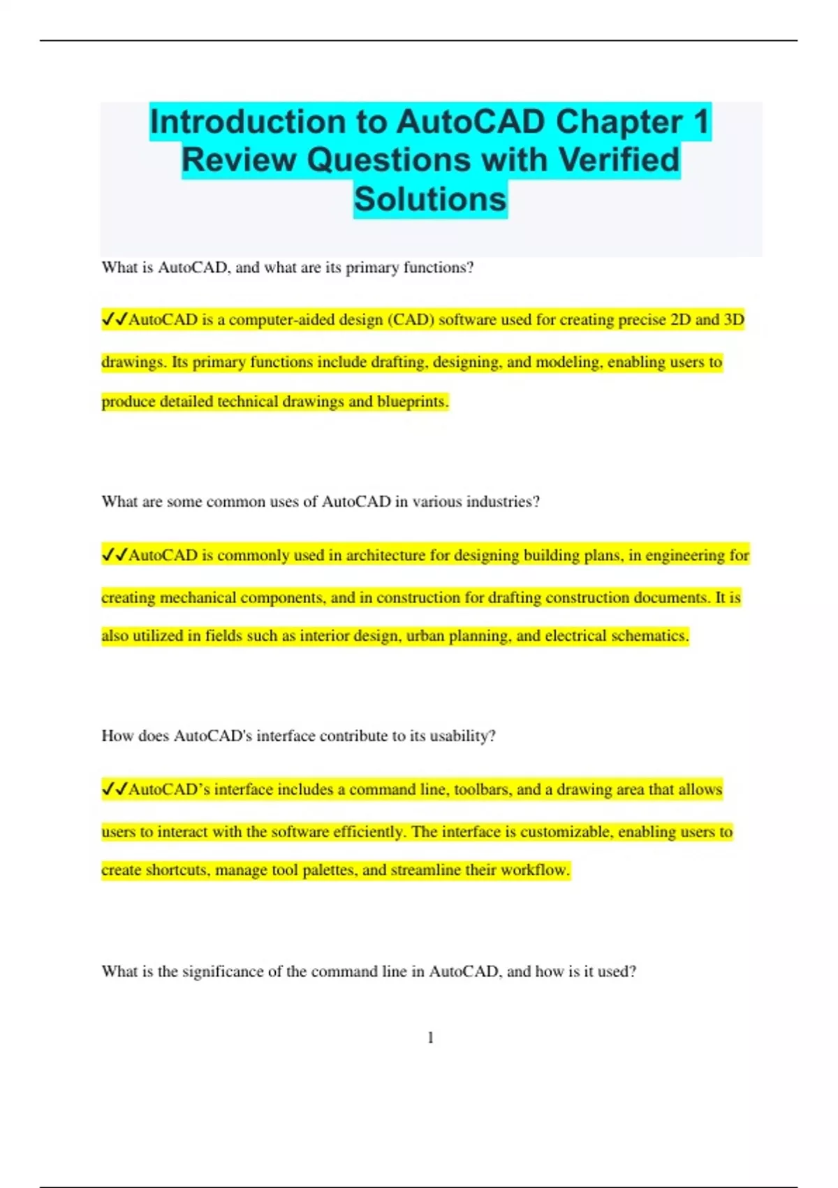 Introduction to AutoCAD Chapter 1 Review Questions with Verified Solutions - Introduction to ...