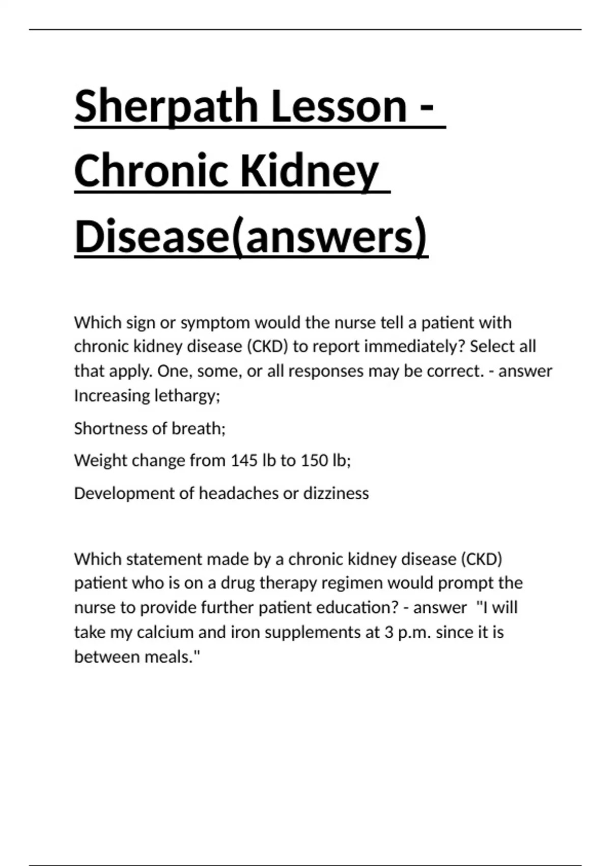 Sherpath Lesson - Chronic Kidney Disease(answers). - SHERPATH - Stuvia US