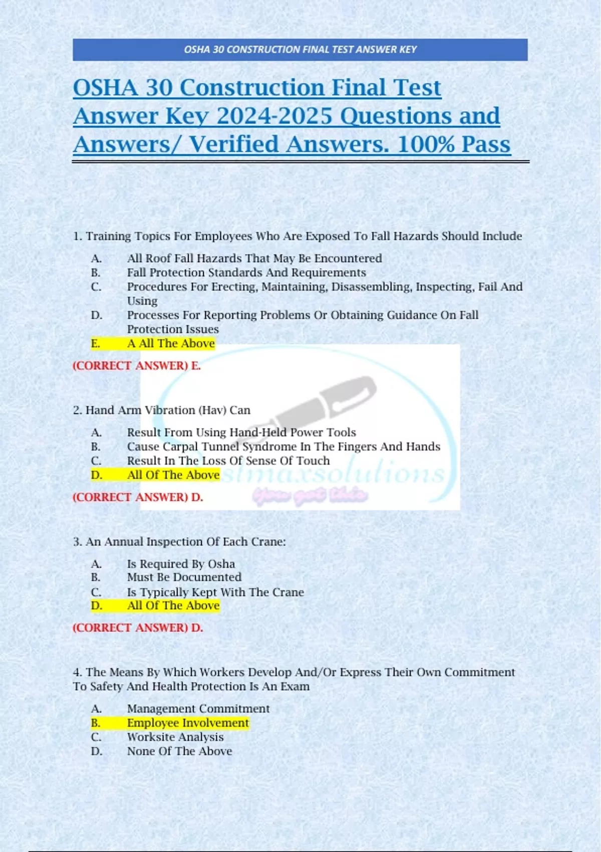 OSHA 30 Construction Final Test Answer Key Questions and Answers ...