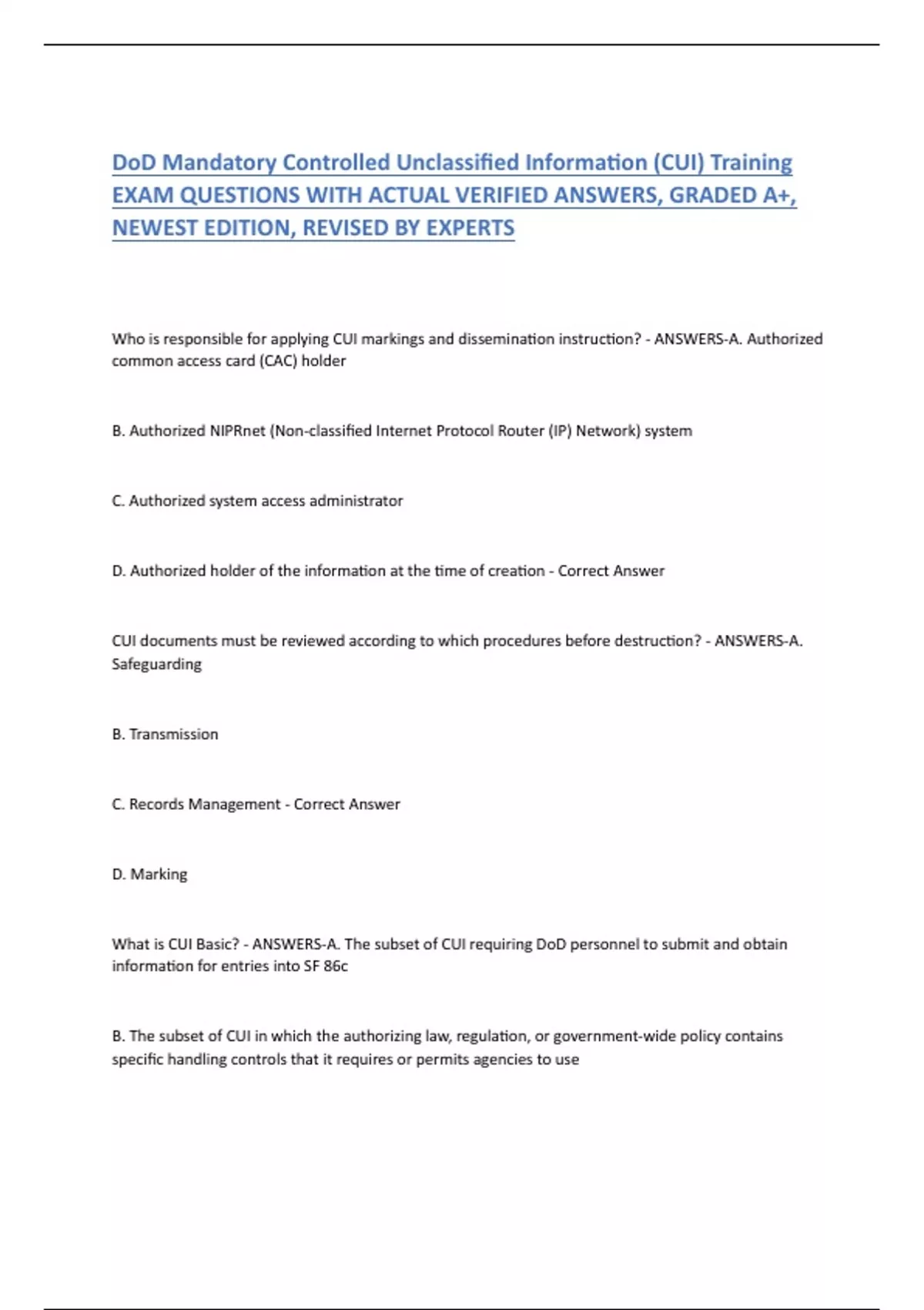 DoD Mandatory Controlled Unclassified Information (CUI) Training EXAM ...