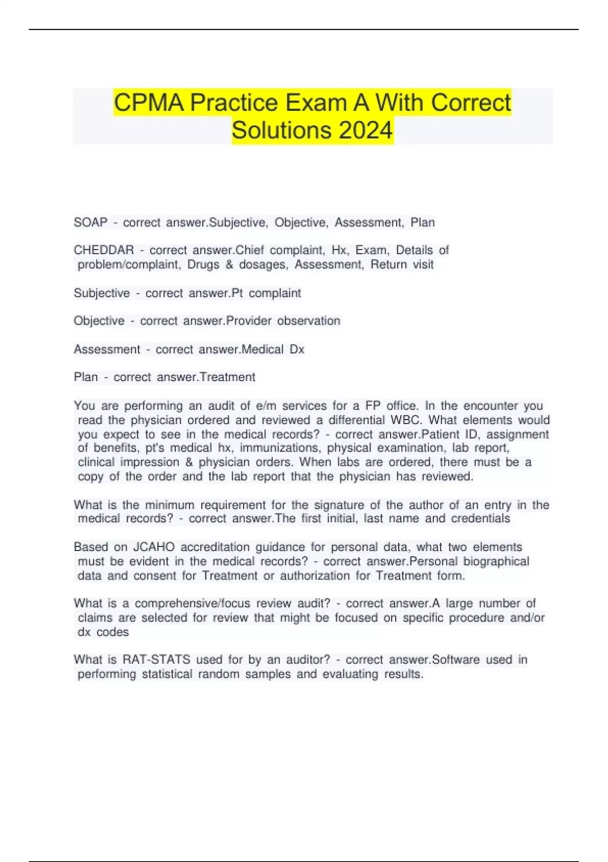 CPMA Practice Exam A With Correct Solutions 2024 - CPMA - Stuvia US