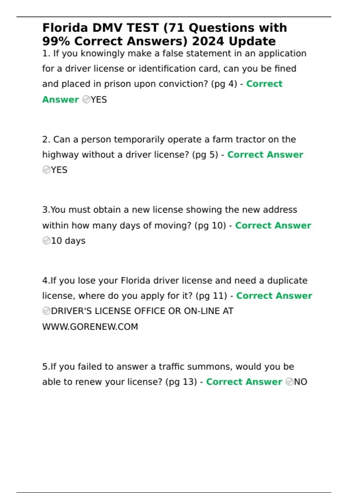 Florida DMV TEST (71 Questions with 99% Correct Answers) 2024 Update ...