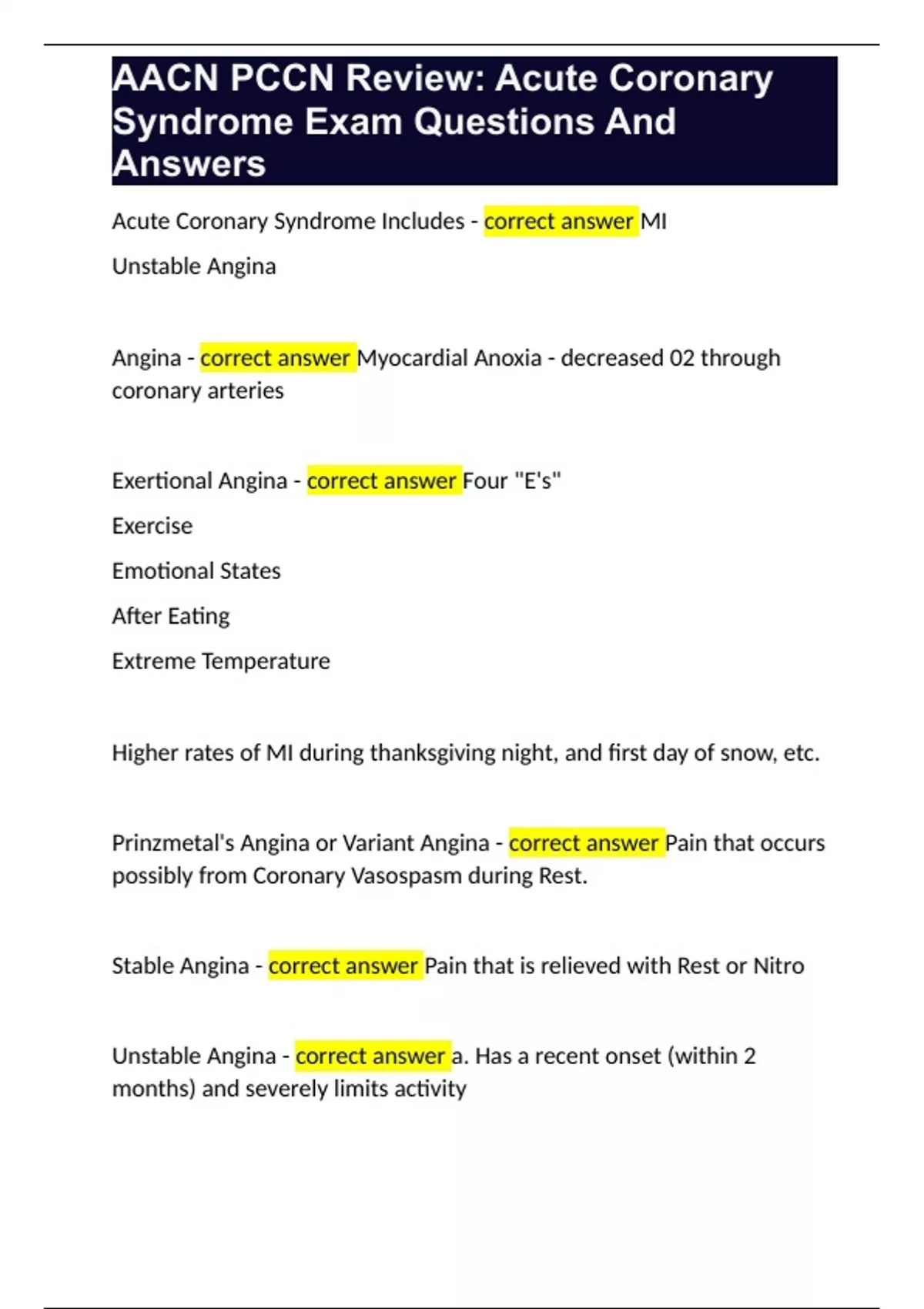 AACN PCCN Review: Acute Coronary Syndrome Exam Questions And Answers ...