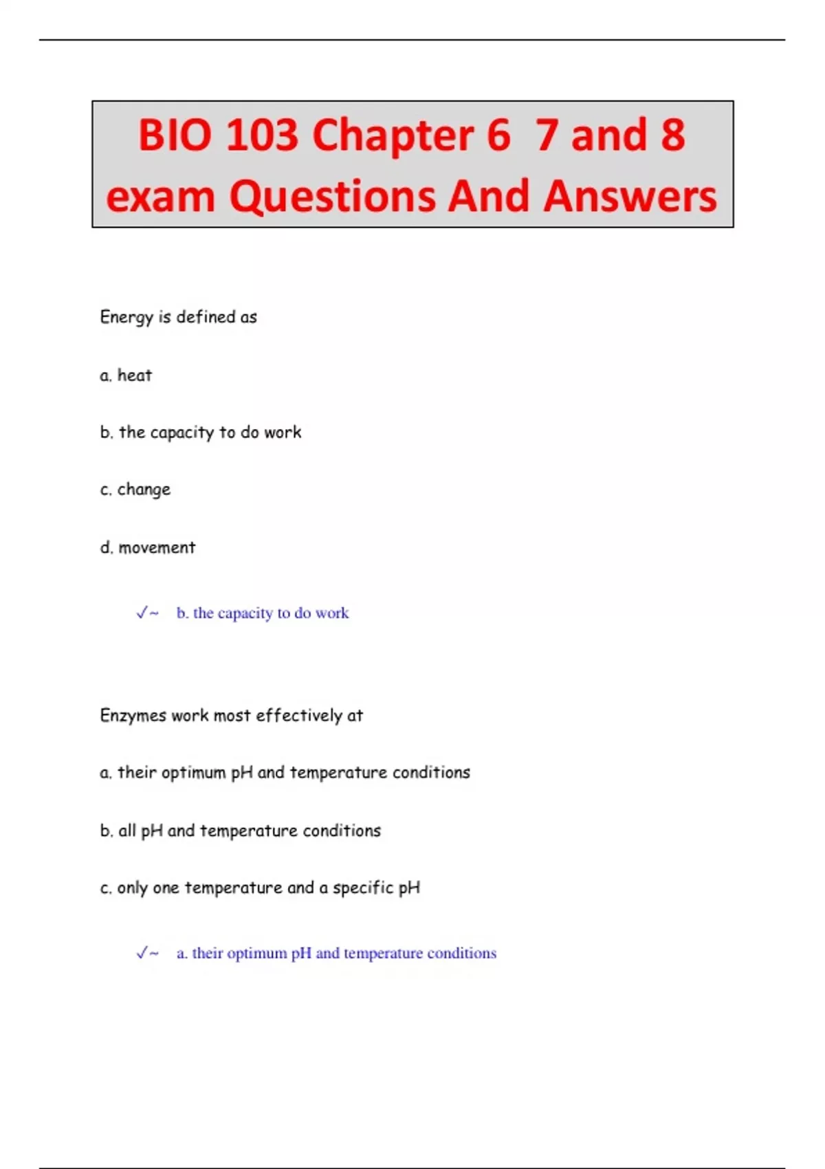BIO 103 Chapter 6 7 and 8 exam Questions And Answers - Bio 103 - Stuvia US