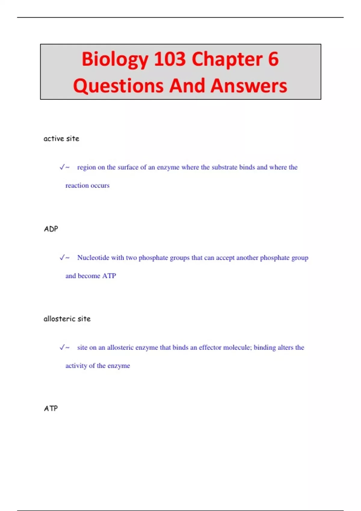 Biology 103 Chapter 6 Questions And Answers - Biology 103 - Stuvia US