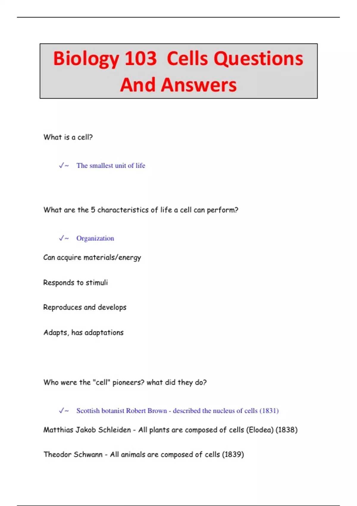 Biology 103 Cells Questions And Answers - Biology 103 - Stuvia US