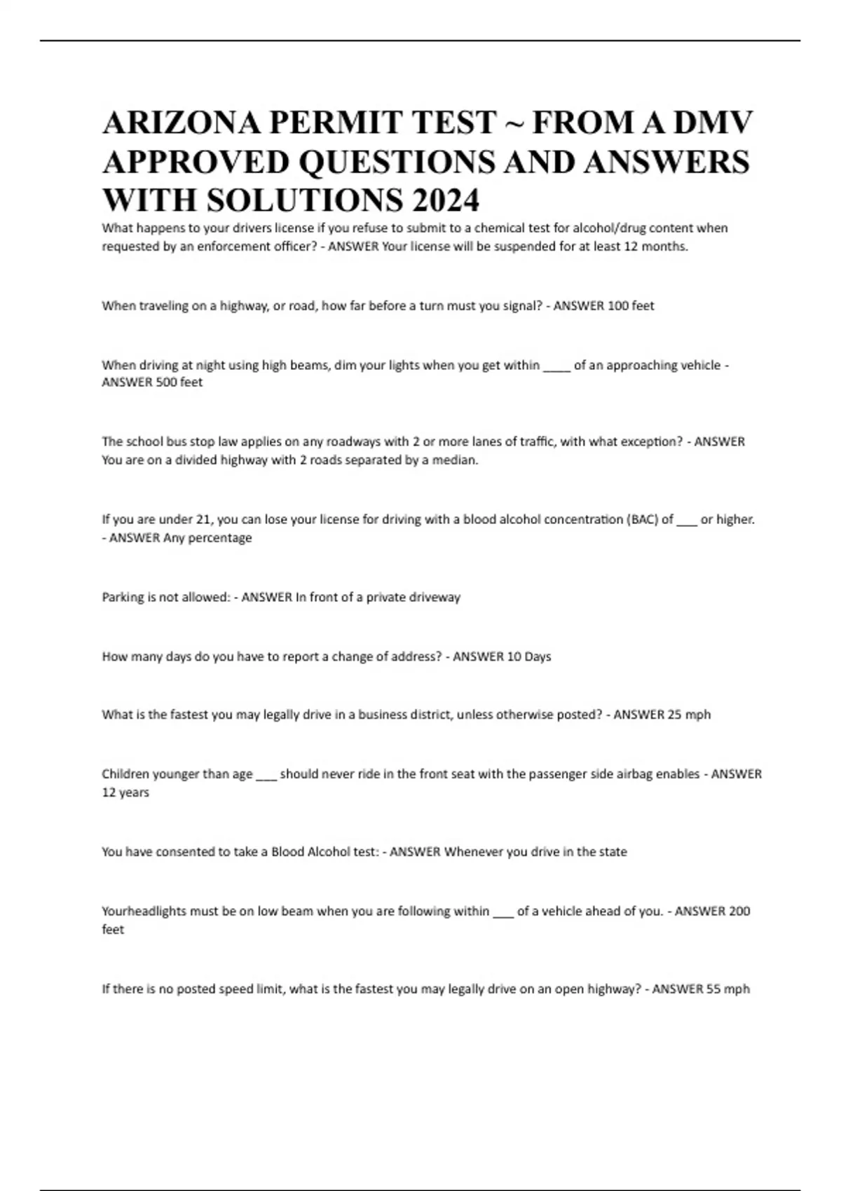 ARIZONA PERMIT TEST ~ FROM A DMV APPROVED QUESTIONS AND ANSWERS WITH ...