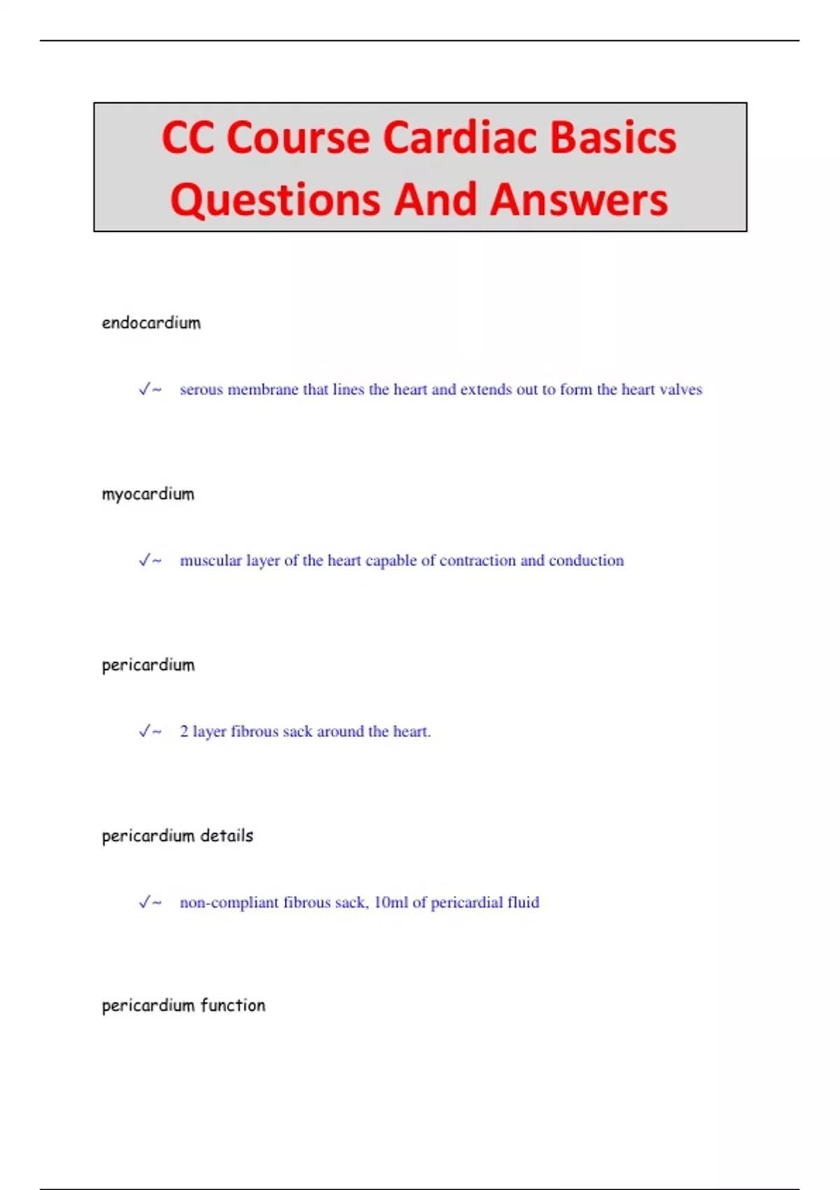 CC Course Cardiac Physiology and Conduction Questions And Answers ...