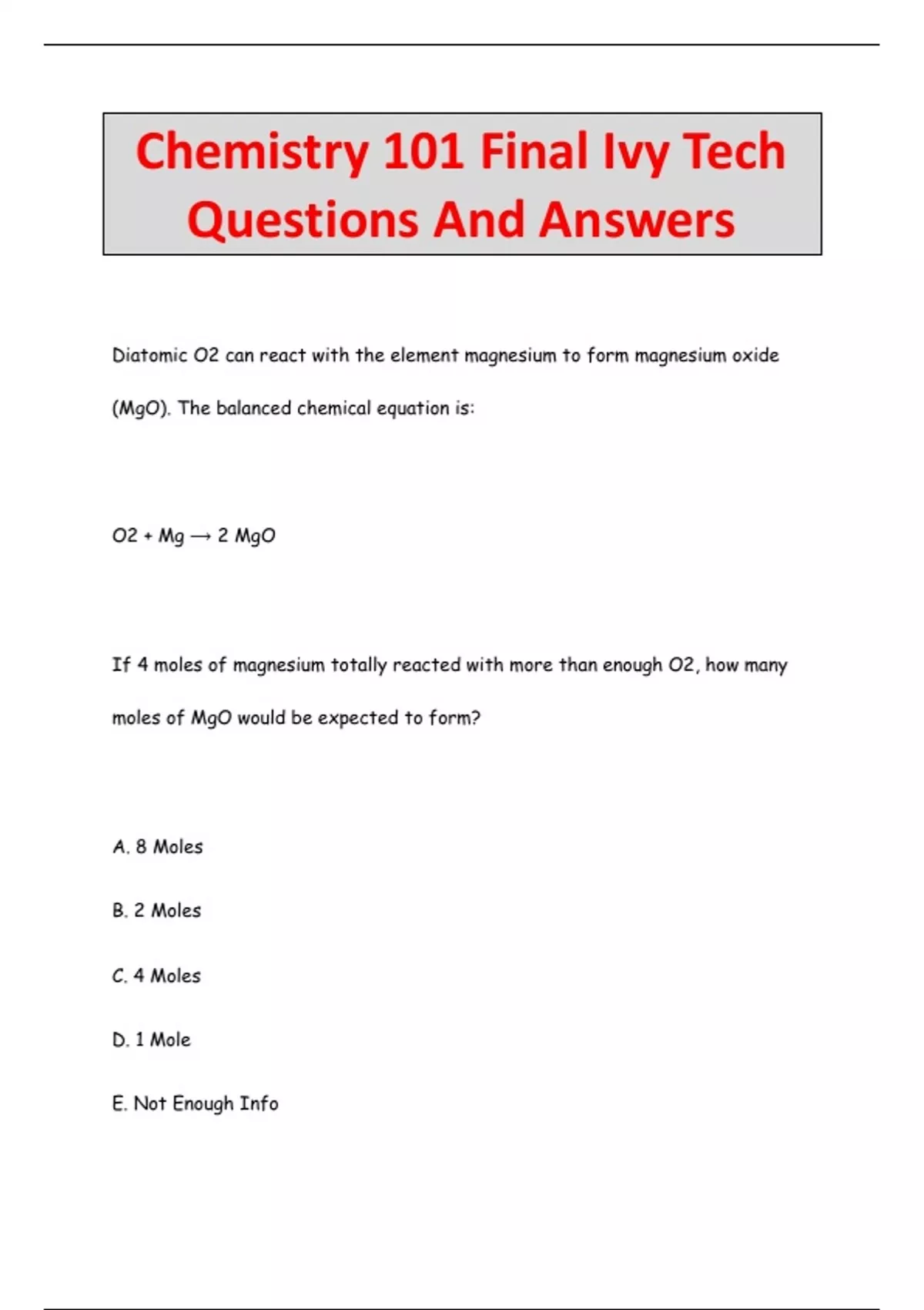 Chemistry 101 Final Ivy Tech Questions And Answers - Chemistry 101 ...