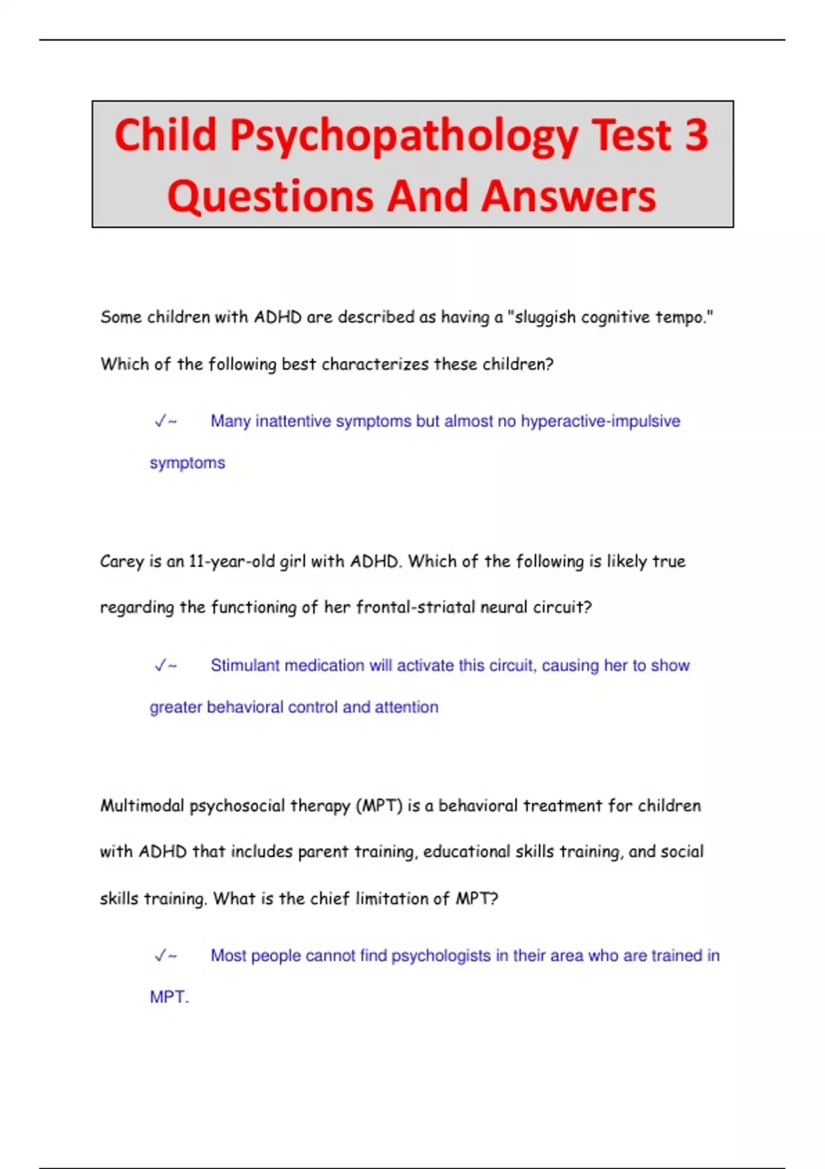 Child Psychopathology Test 3 Questions And Answers - Child ...