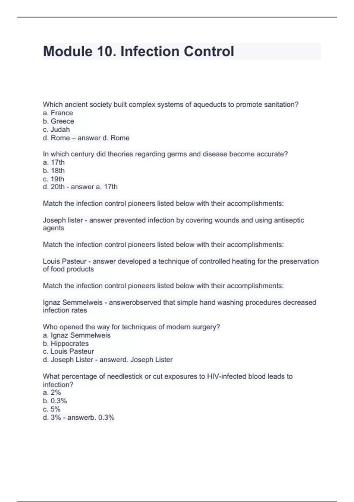 Module 10. Infection Control Questions with correct Answers ...