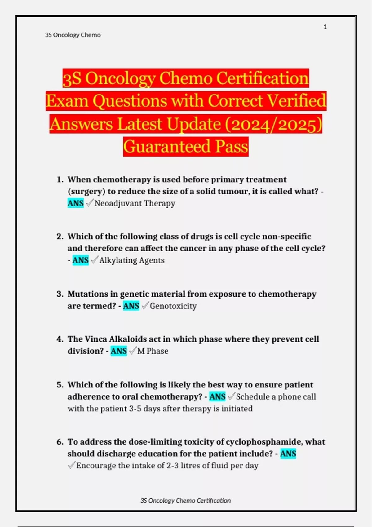 3S Oncology Chemo Certification Exam Questions with Correct Verified ...