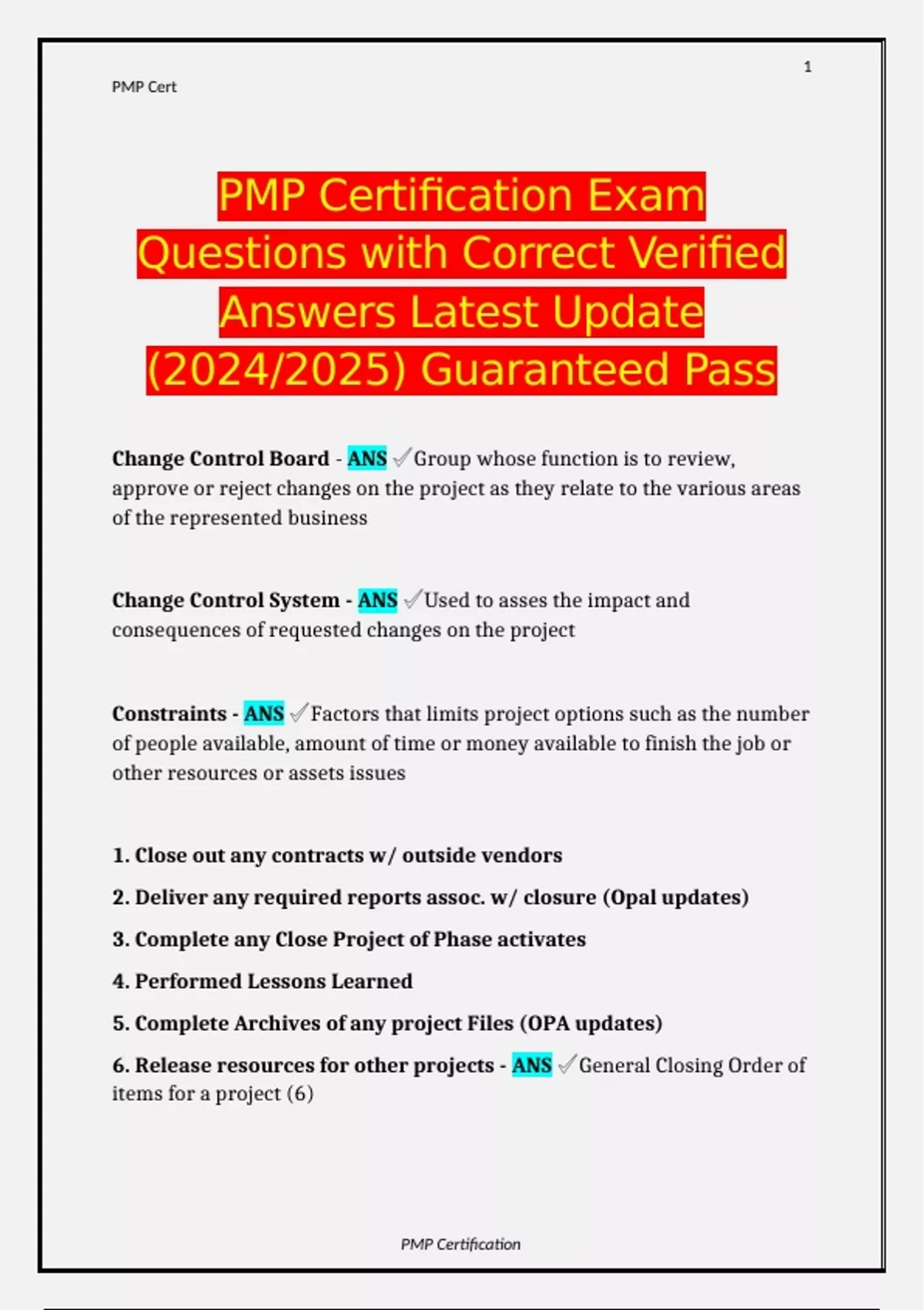 PMP Certification Exam Questions with Correct Verified Answers Latest ...