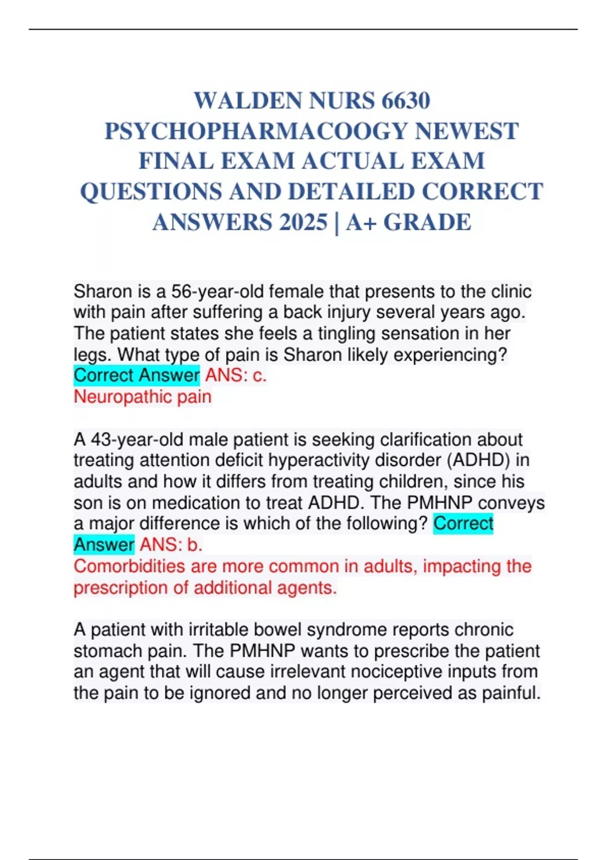 WALDEN NURS 6630 PSYCHOPHARMACOLOGY NEWEST FINAL EXAM ACTUAL EXAM QUESTIONS AND DETAILED CORRECT ...
