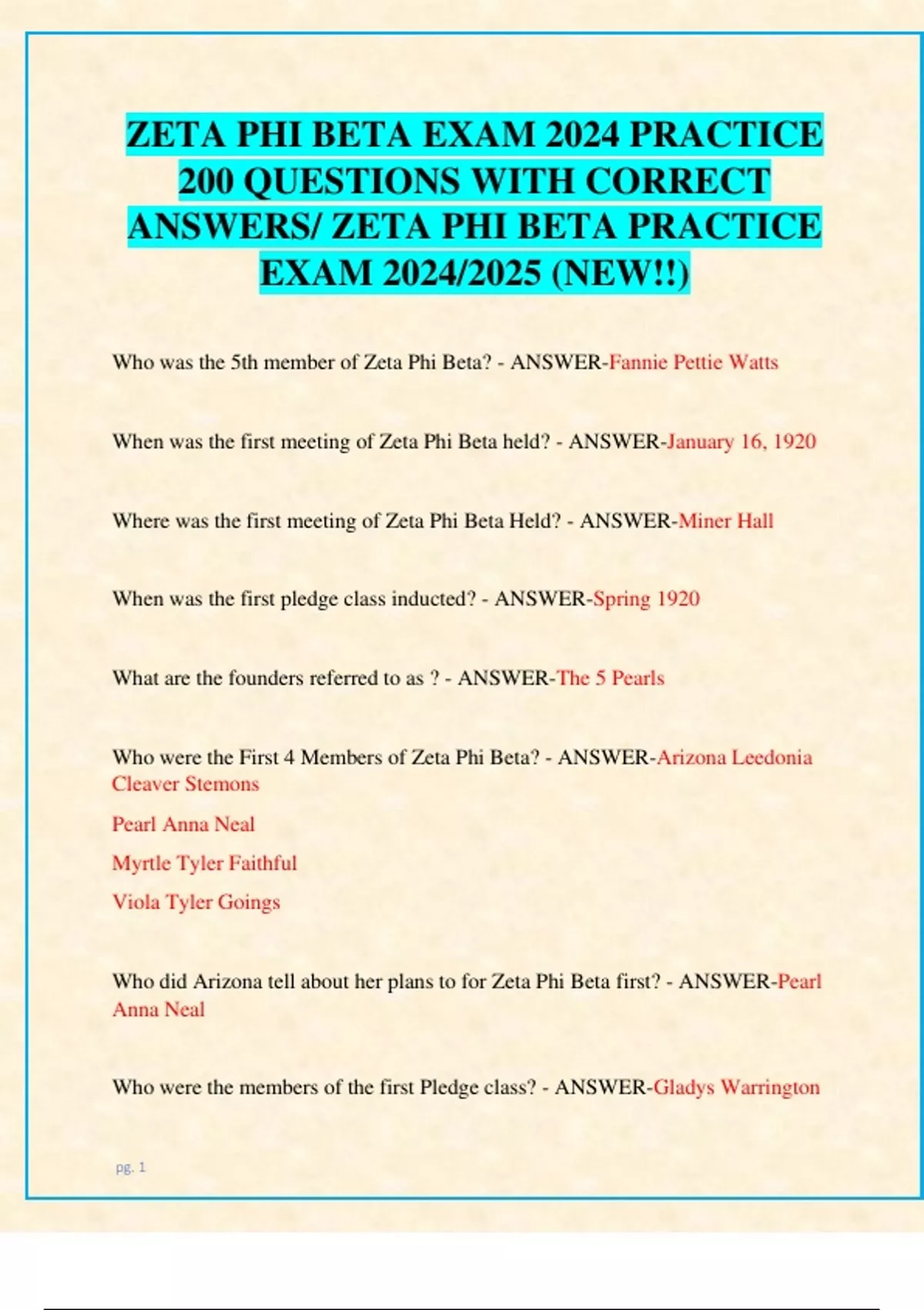ZETA PHI BETA EXAM 2024 PRACTICE 200 QUESTIONS WITH CORRECT ANSWERS ...
