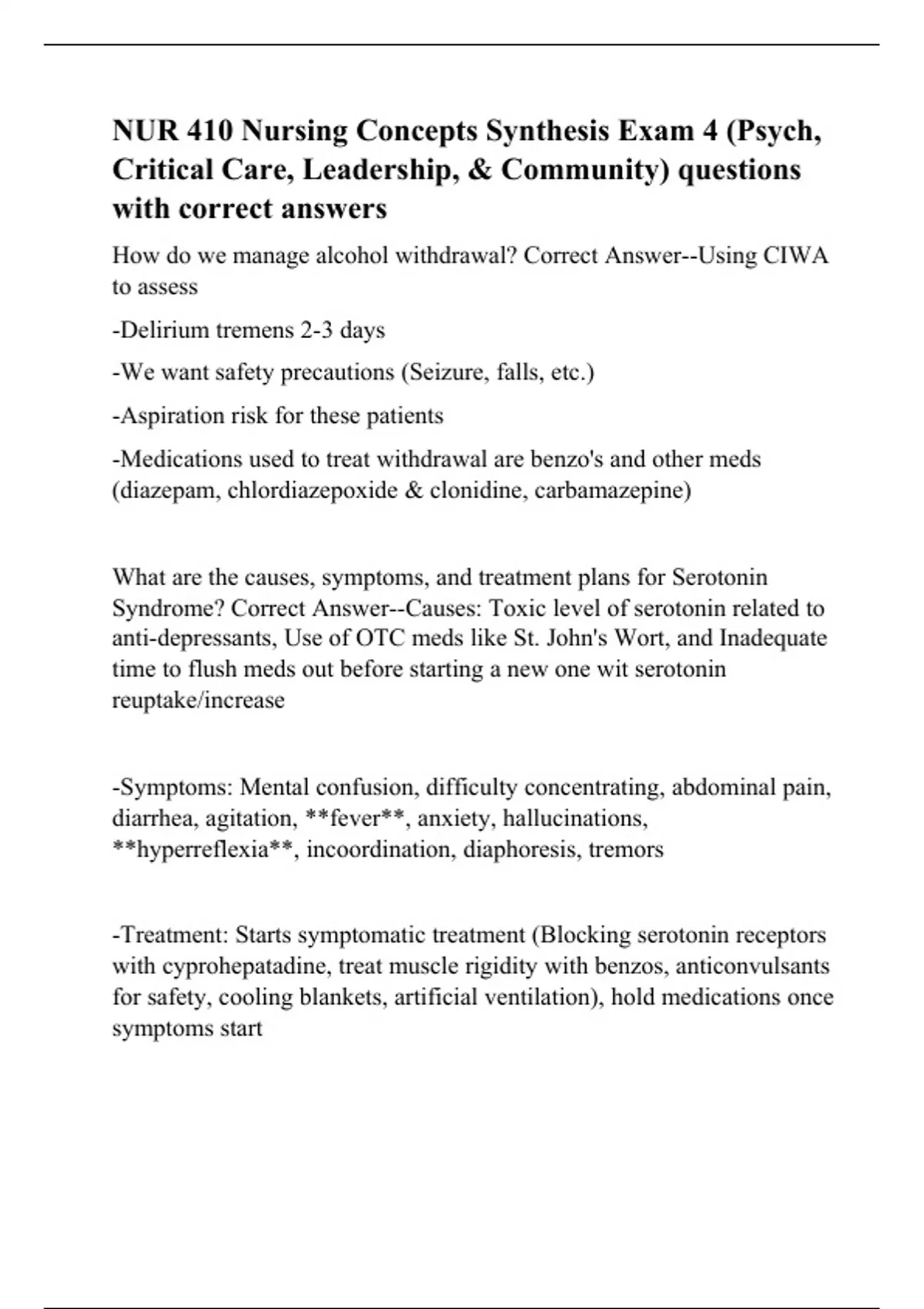 NUR 410 Nursing Concepts Synthesis Exam 4 (Psych, Critical Care ...